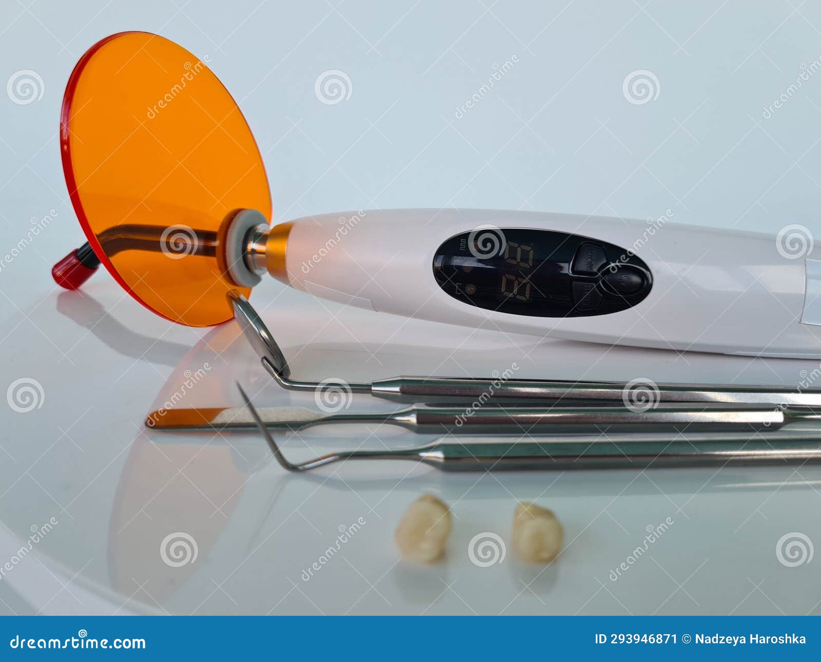 Dental Instruments and Dentures and Teeth with Uv Lamp Stock Image ...