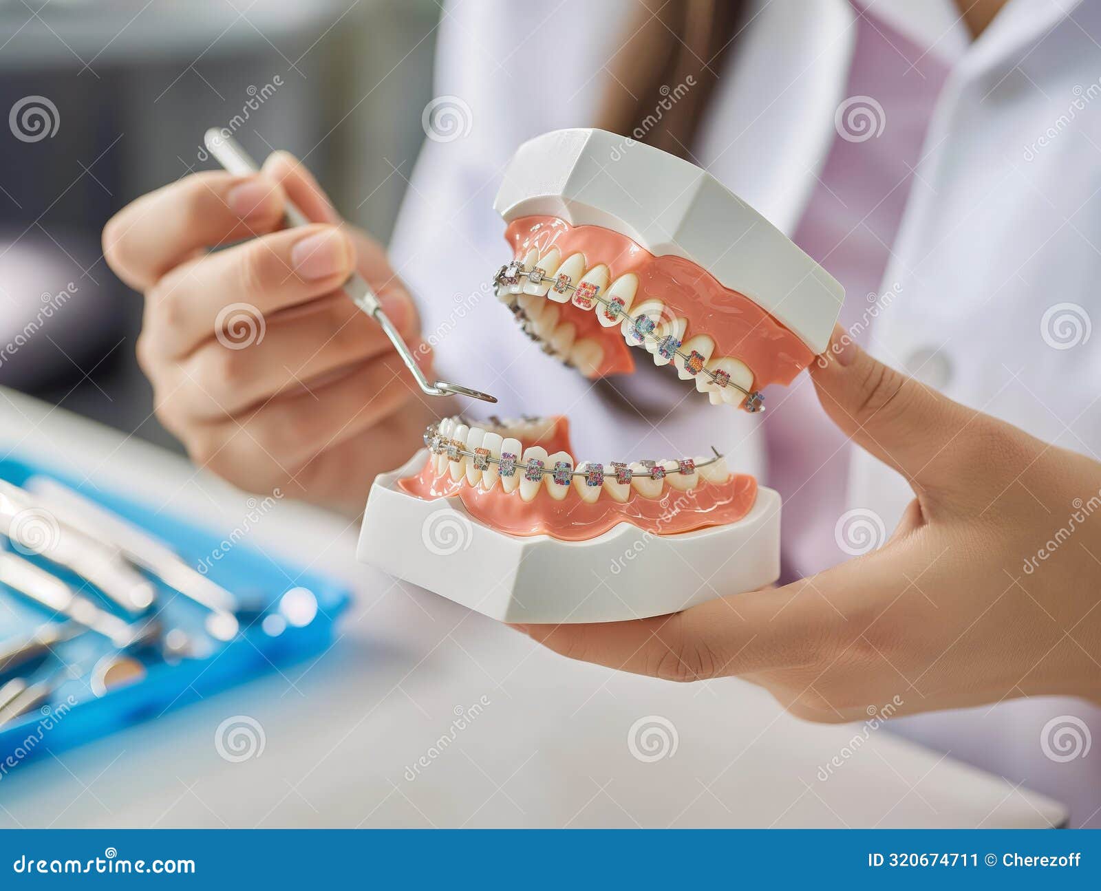 Dental Model with Braces and Dental Tools Stock Image - Image of ...