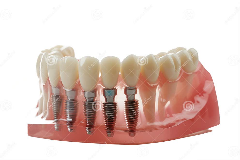 Dental Model Featuring Multiple Implants, Demonstrating Various Tooth ...