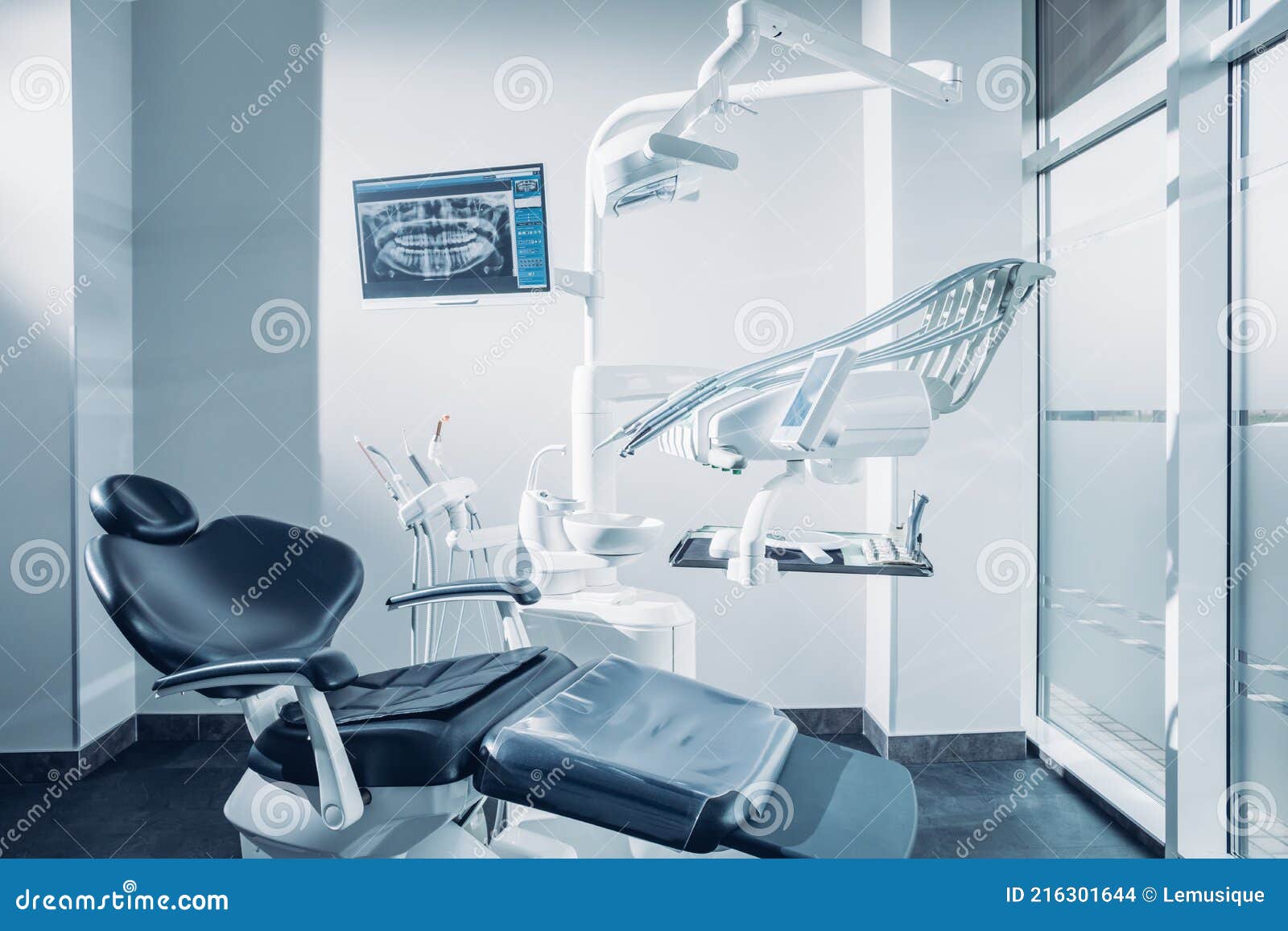 Dental Office with Dental Chair, Computer and Dentist Tools Stock Photo ...