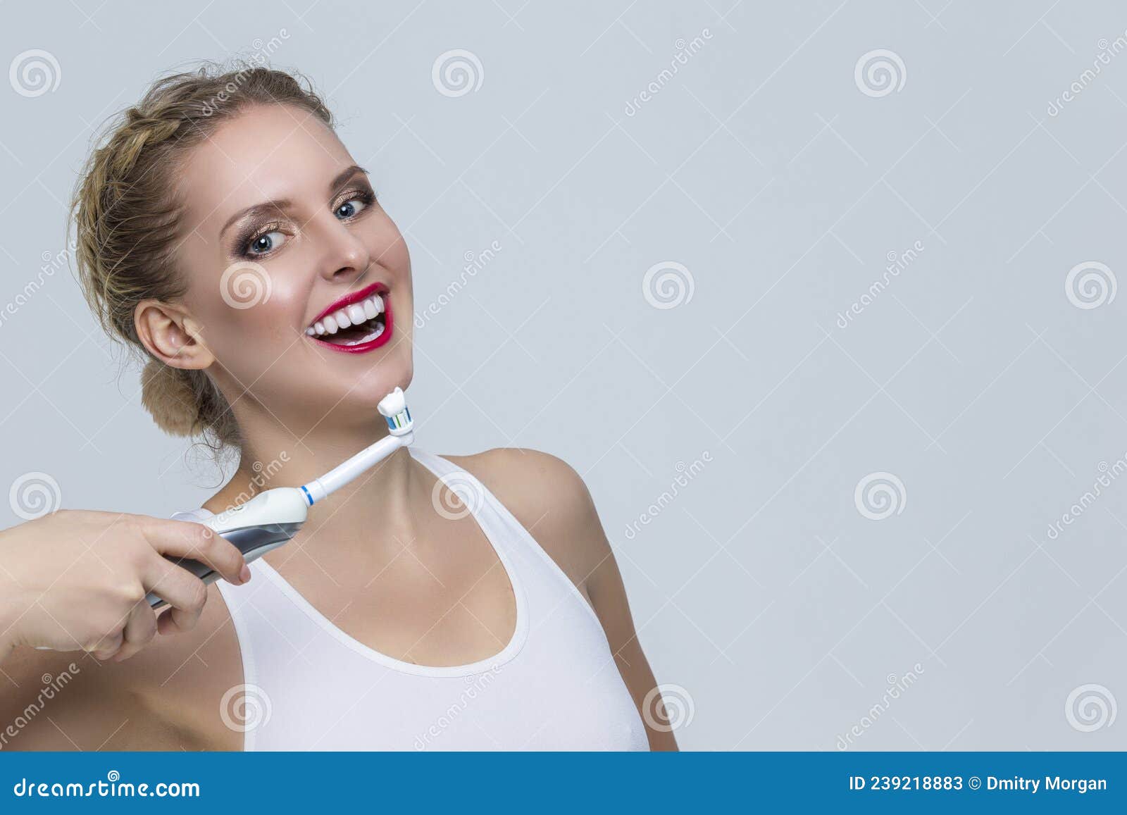 Dental And Oral Healthcare Happy Smiling Caucasian Blond Woman In Bra