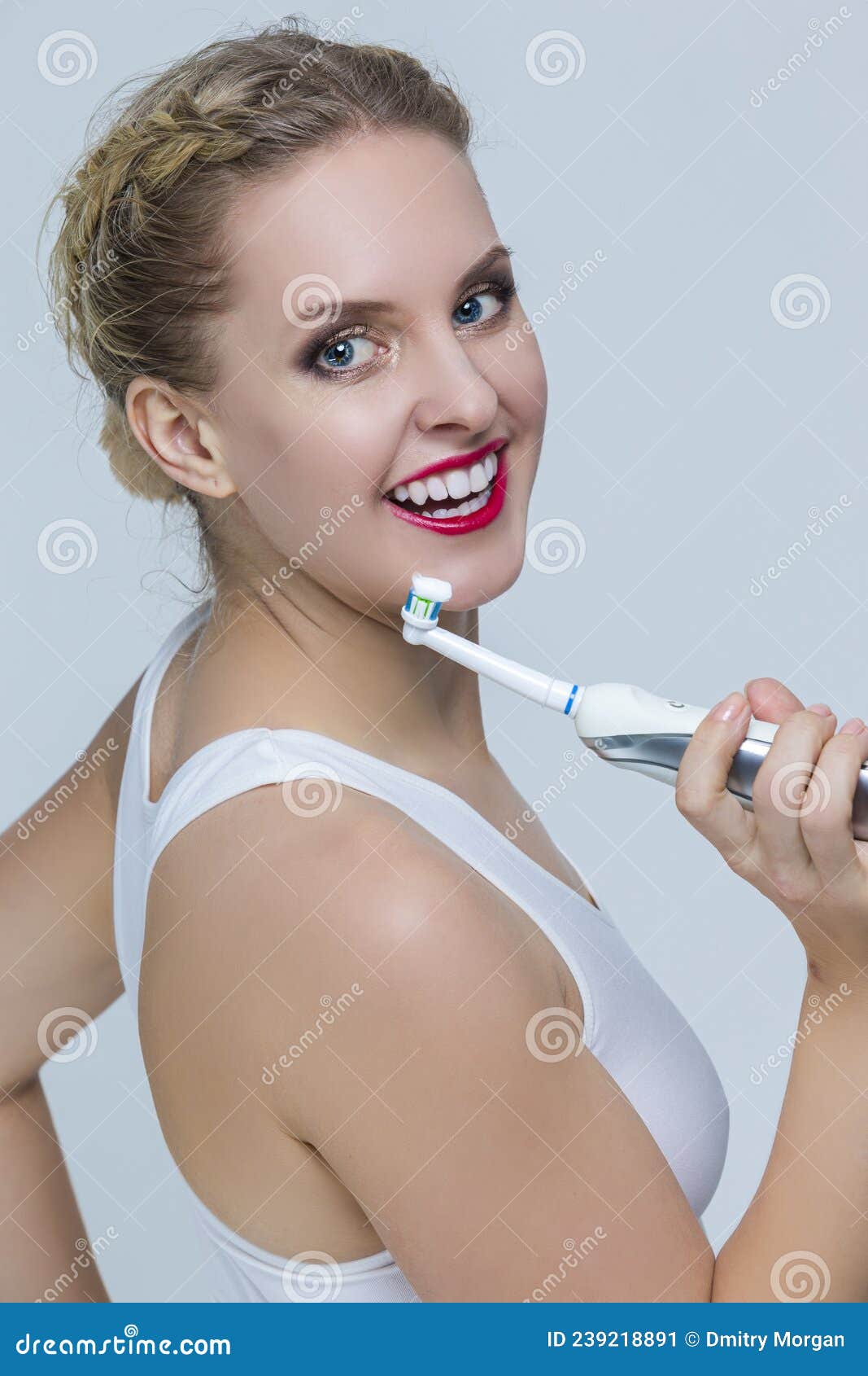 Dental And Oral Healthcare Happy Smiling Caucasian Blond Woman In Bra