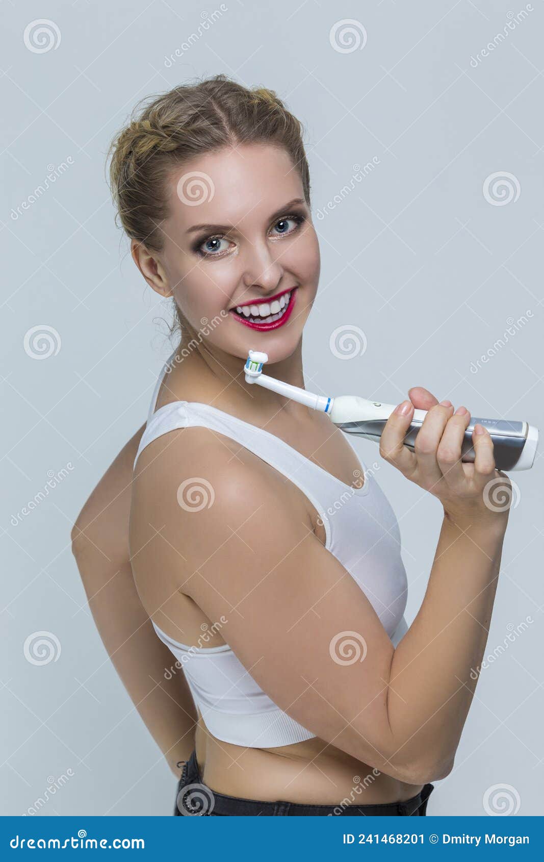 Dental And Oral Healthcare Happy Smiling Caucasian Blond Woman In Bra