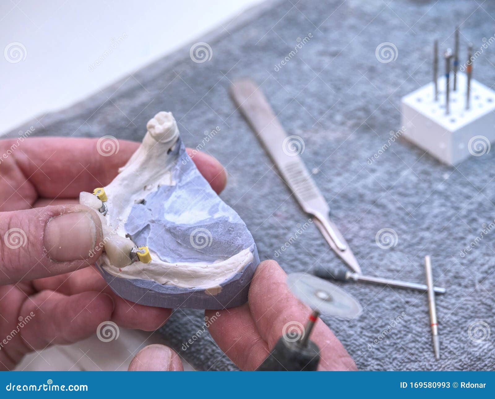 Dental Prosthetics Work with Tools and Ceramic Crown Denture Stock ...