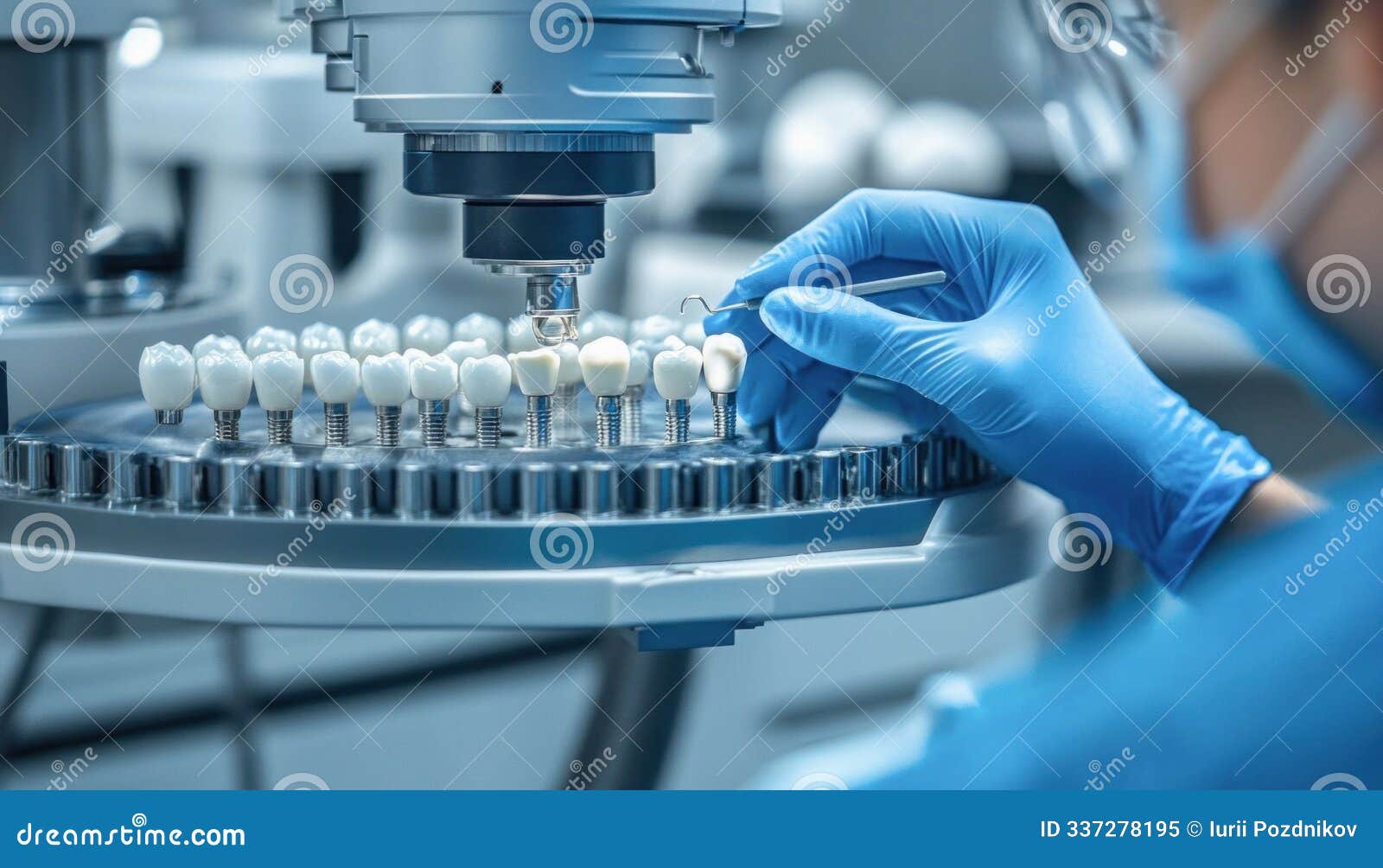 Dental Technician Working with Dental Implants and Teeth in Laboratory ...