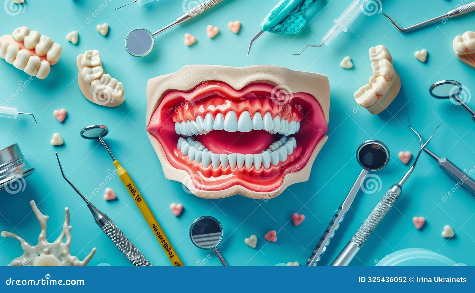 Dental Tools and Model Teeth on a Blue Background. Realistic Image with ...