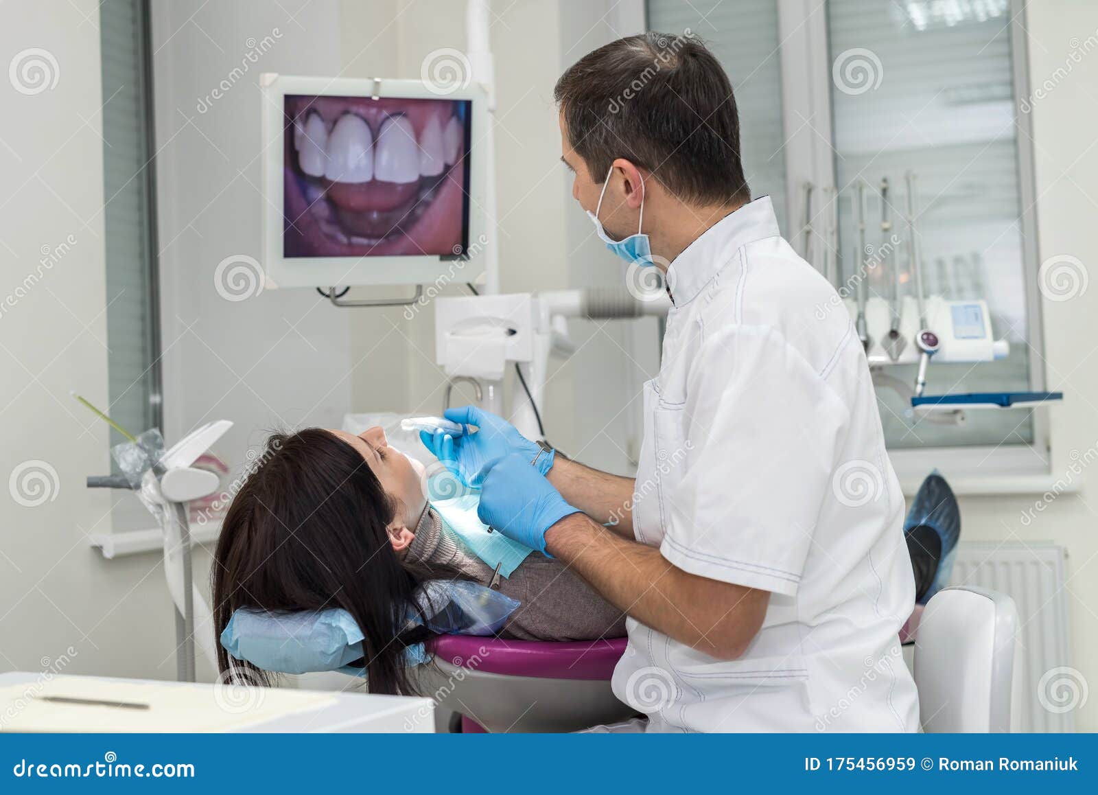 Dentist Checking Patient`s Teeth with Camera, Looking on Screen Stock ...