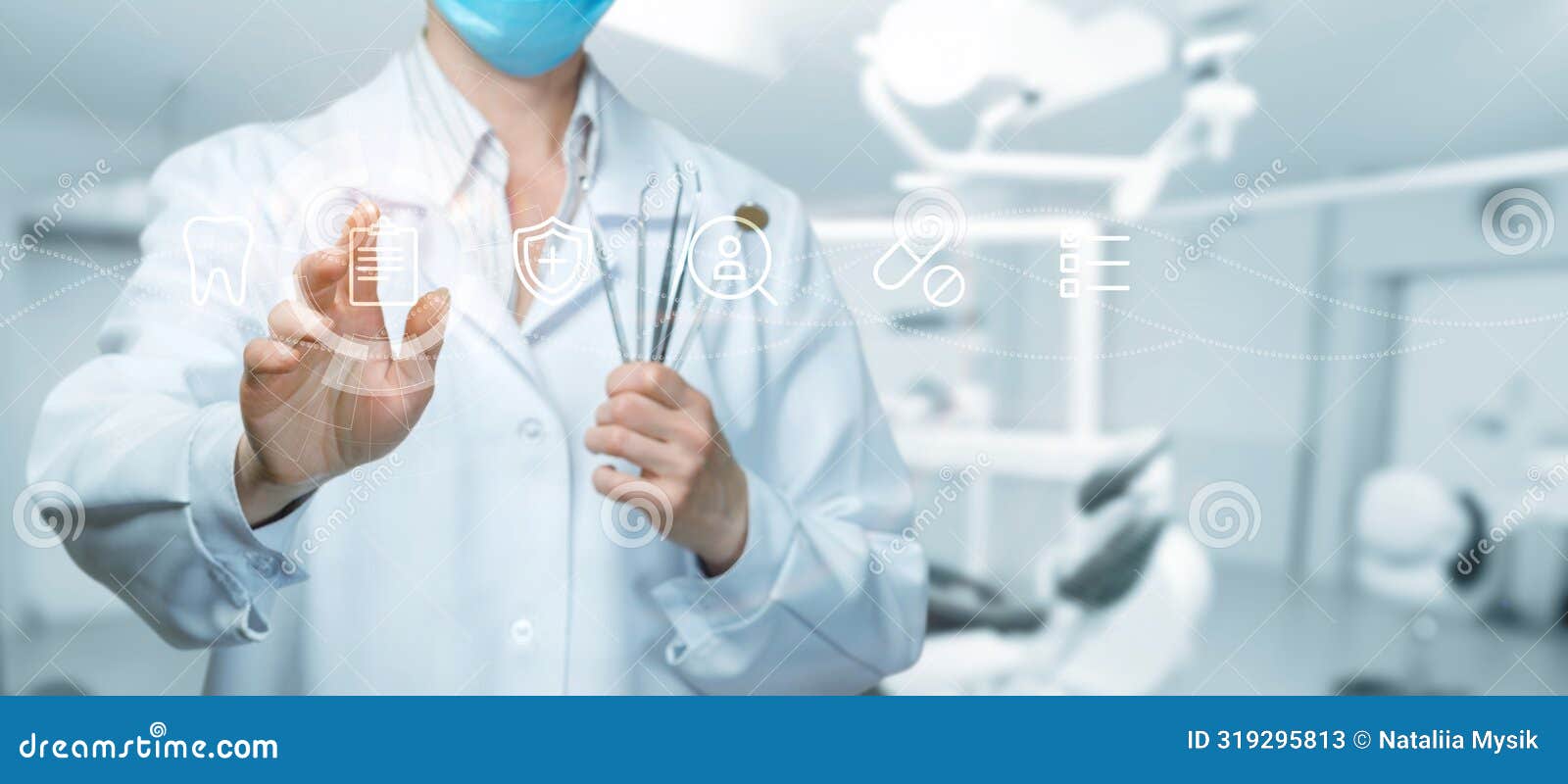 Dentist Clicks on Icon on Blurred Clinic Background Stock Illustration ...