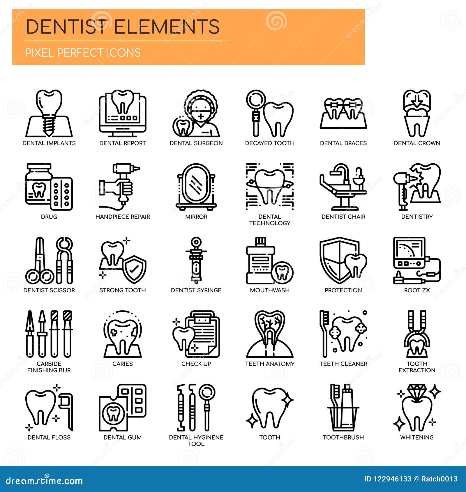 Dentist Elements , Pixel Perfect Icons Stock Vector - Illustration of ...