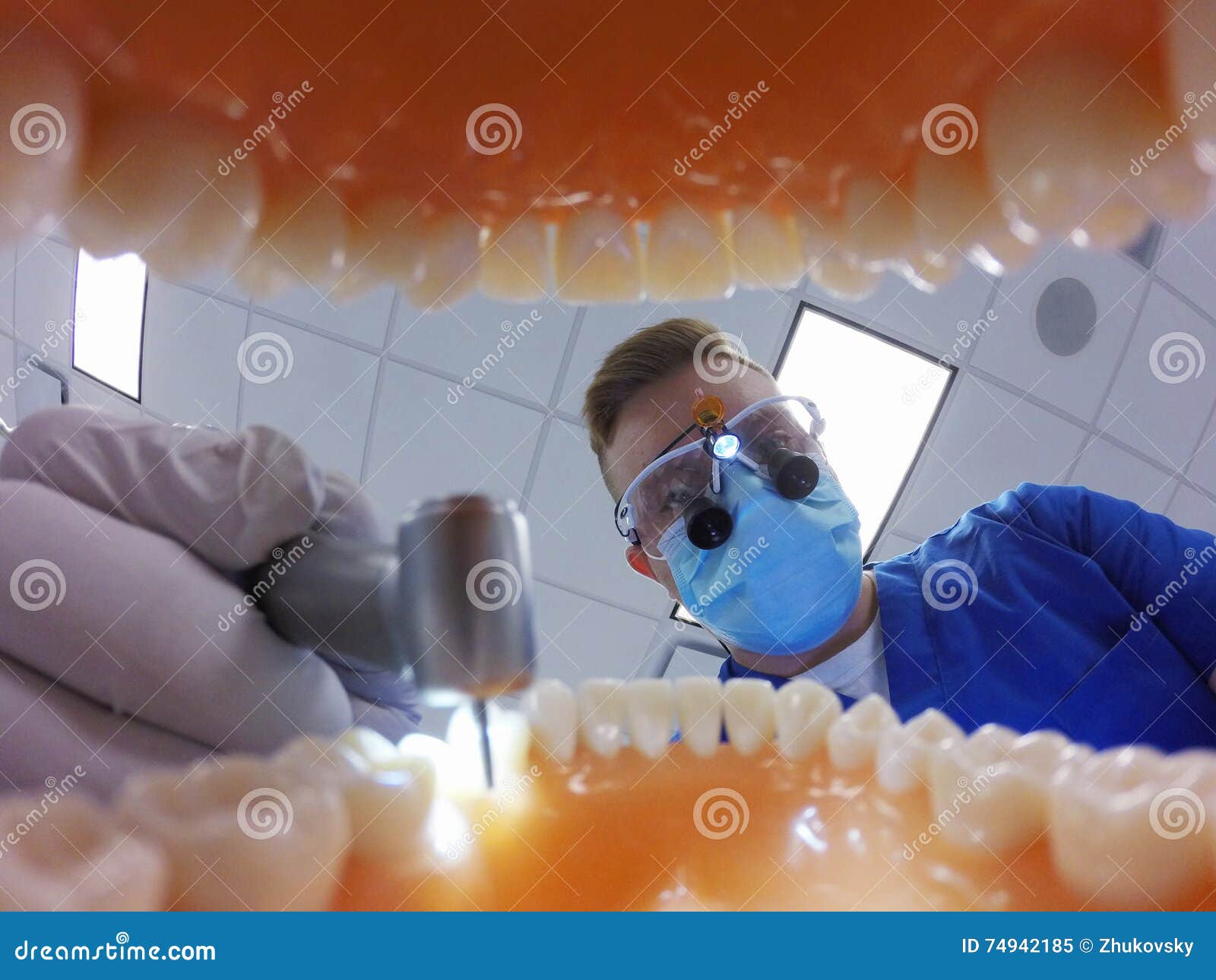 Dentist with Loops Drilling Teeth Stock Image - Image of dentistry ...