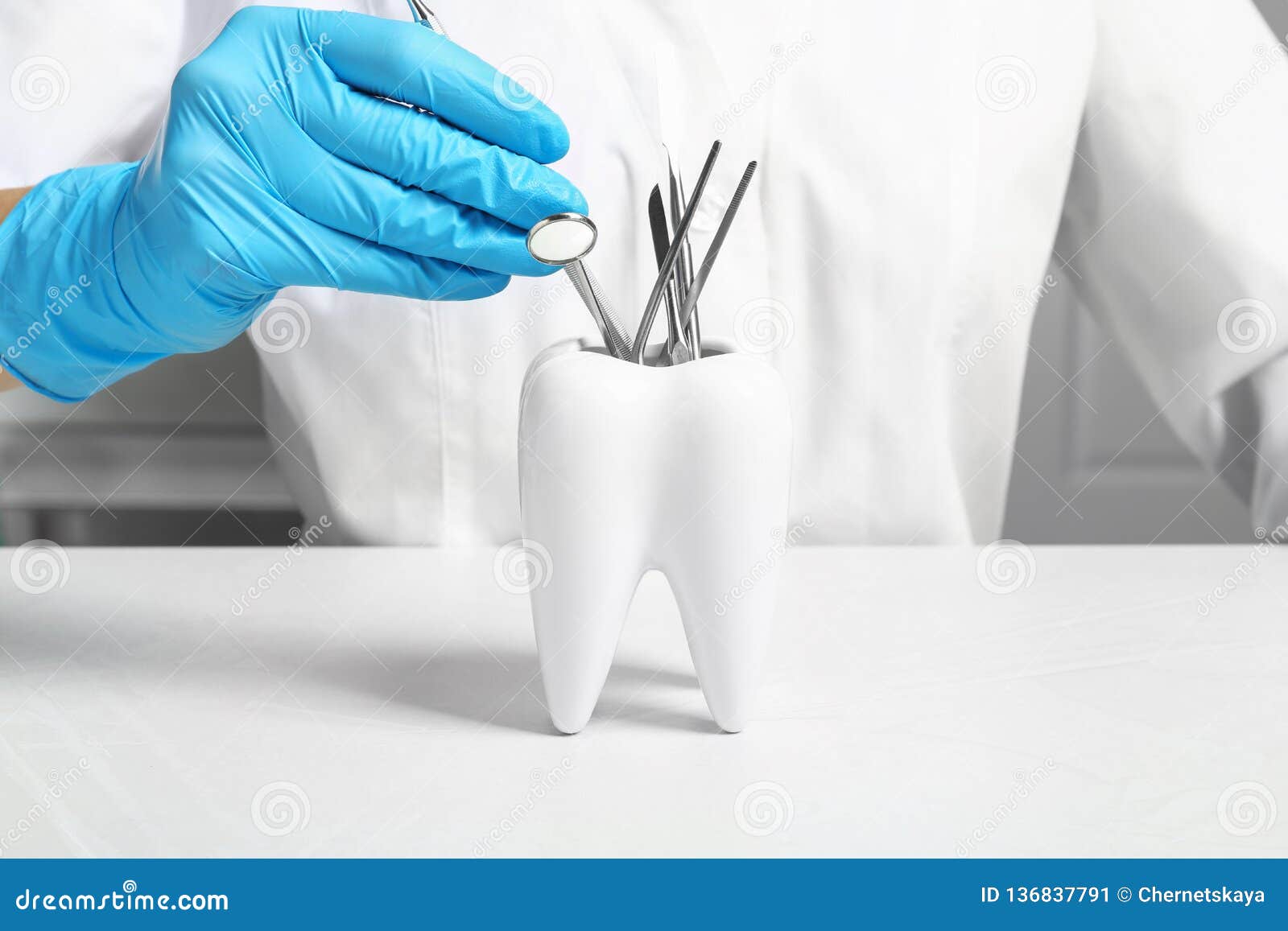 Dentist Putting Professional Tool Into Tooth Shaped Holder In Clinic ...