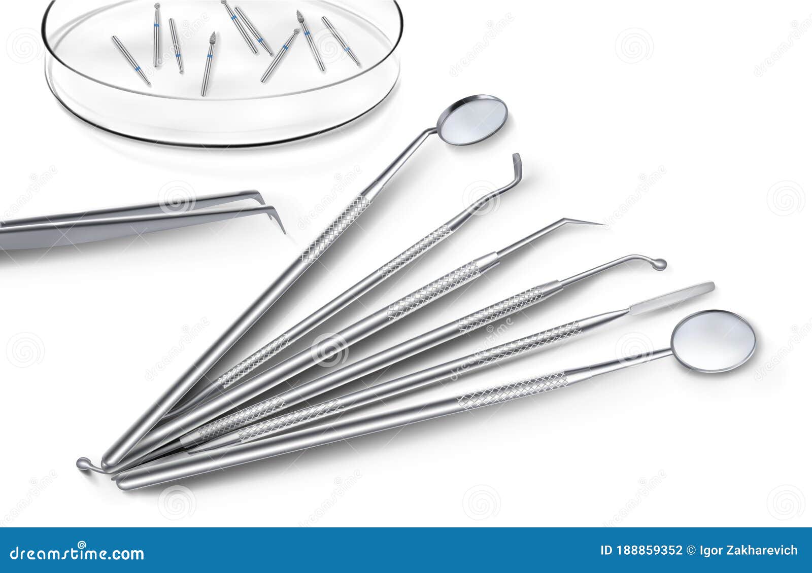 Dentist Stainless Steel Tools on White Surface Stock Illustration ...