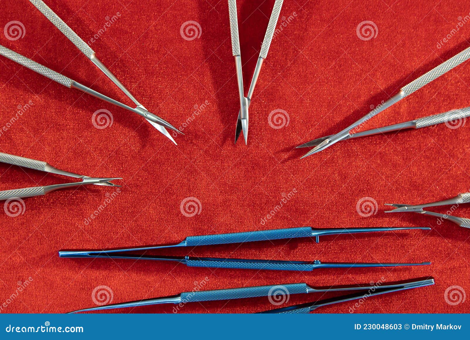 Dentist Surgeon Tools. Scissors and Tweezers on a Red Background Stock ...