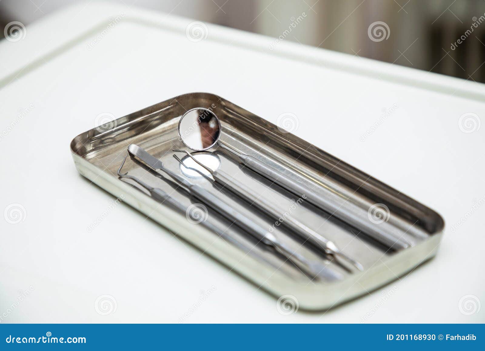 Dentist Tools in Metal Tray on Table Stock Photo - Image of medicine ...