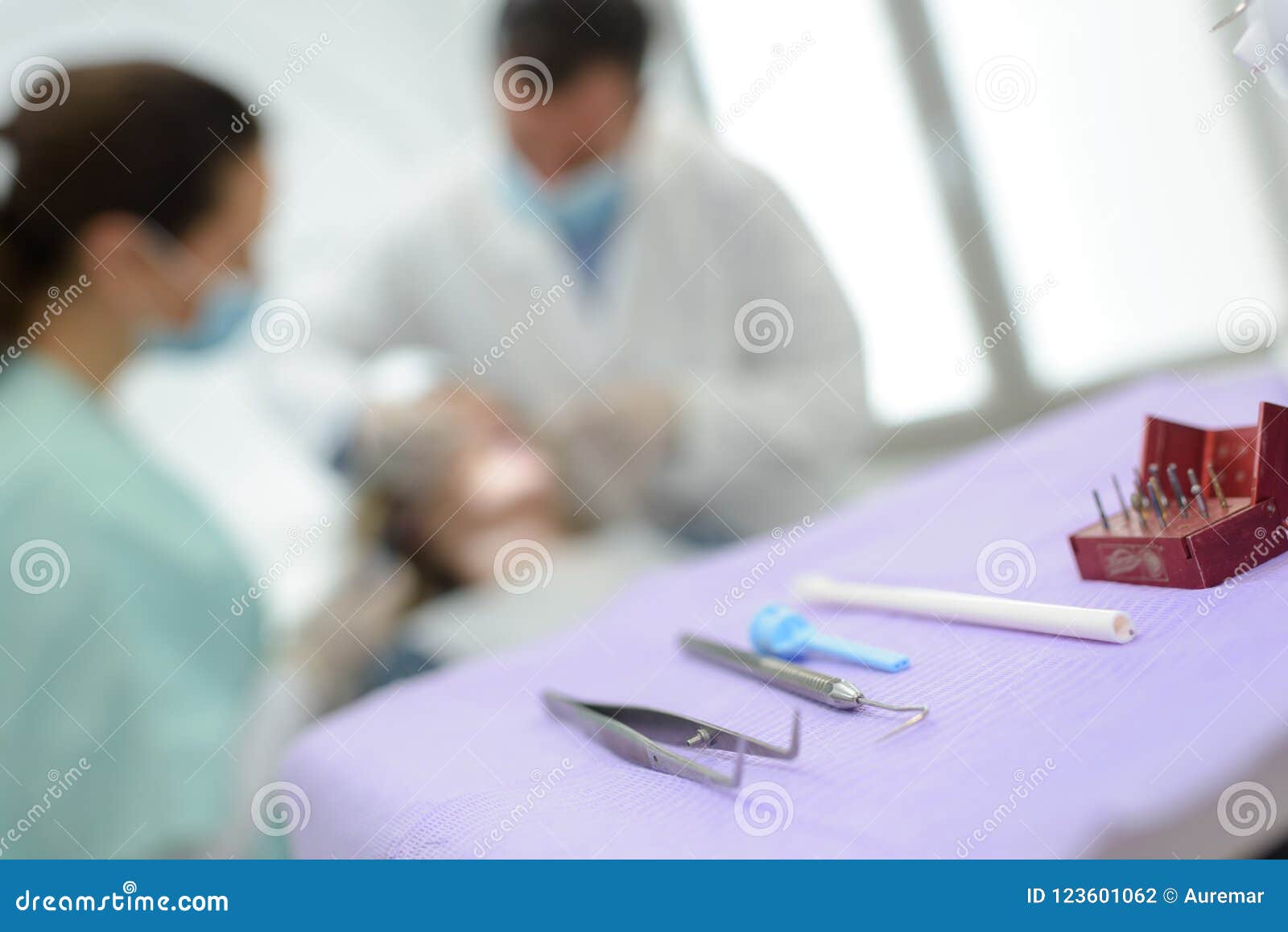 Dentist Tools in Metal Tray on Table Stock Photo - Image of hook ...