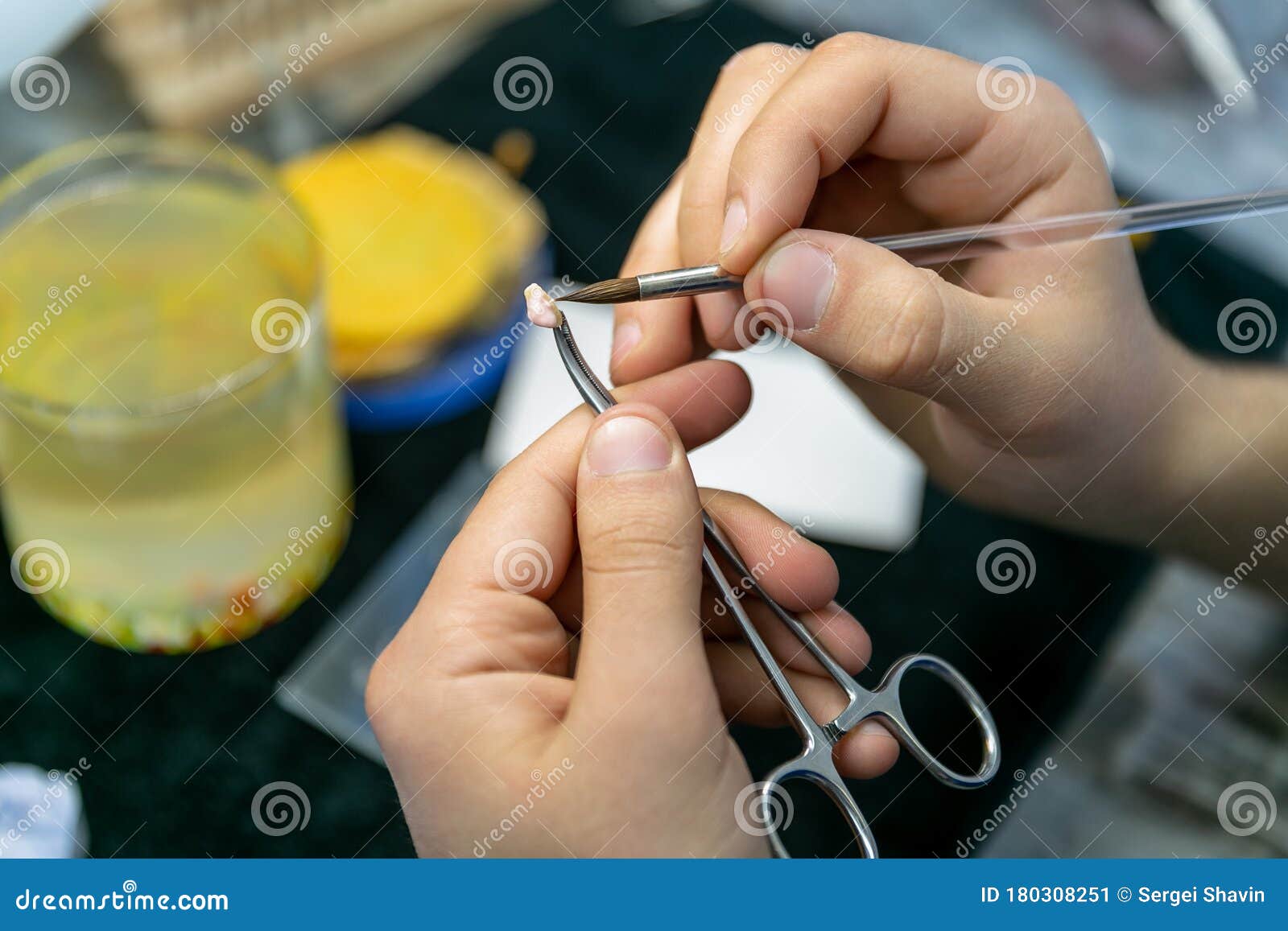Denture Layout. Technician Takes Ready-made Tooth Models From The Oven ...