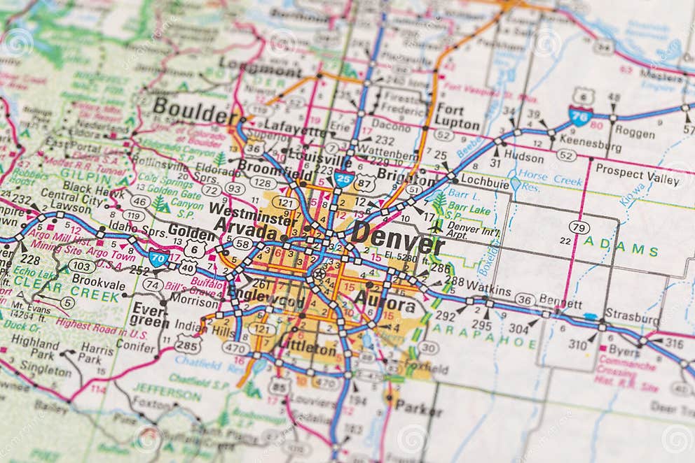 Denver on a map of USA. stock photo. Image of colorado - 262400572