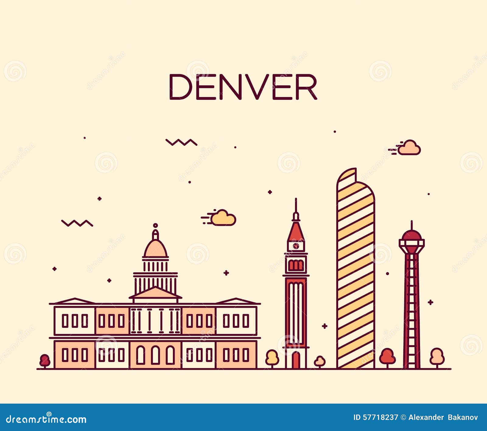 Denver Skyline Trendy Vector Illustration Linear | CartoonDealer.com ...