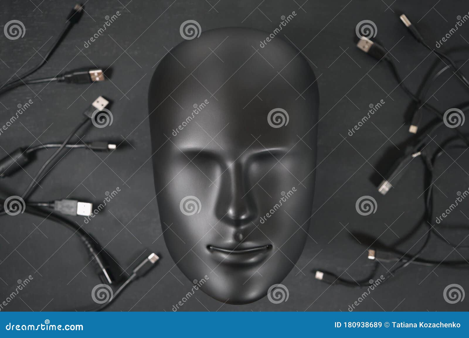 Depersonalized Human Robot Android Face and Many Digital Device Wires ...