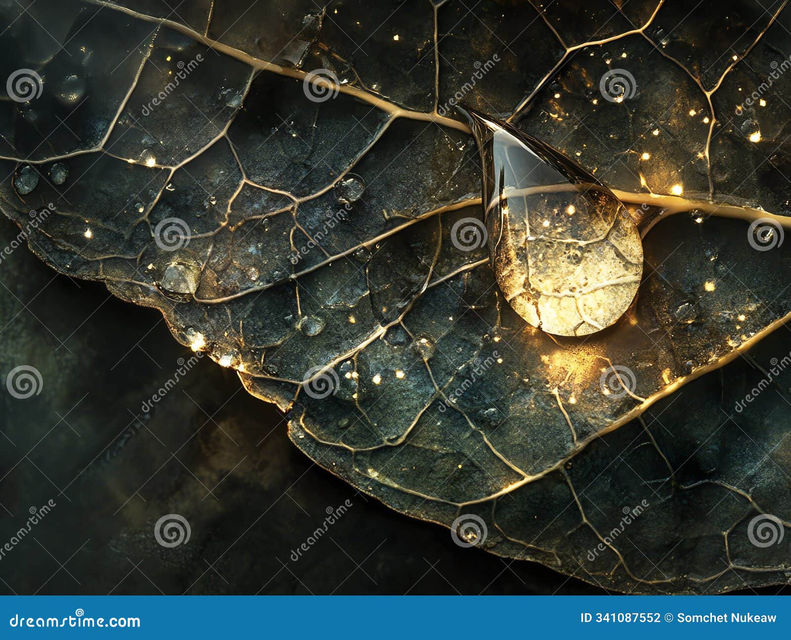 Depict a Hyperreal Photograph of a Raindrop on a Leaf, with Intricate ...