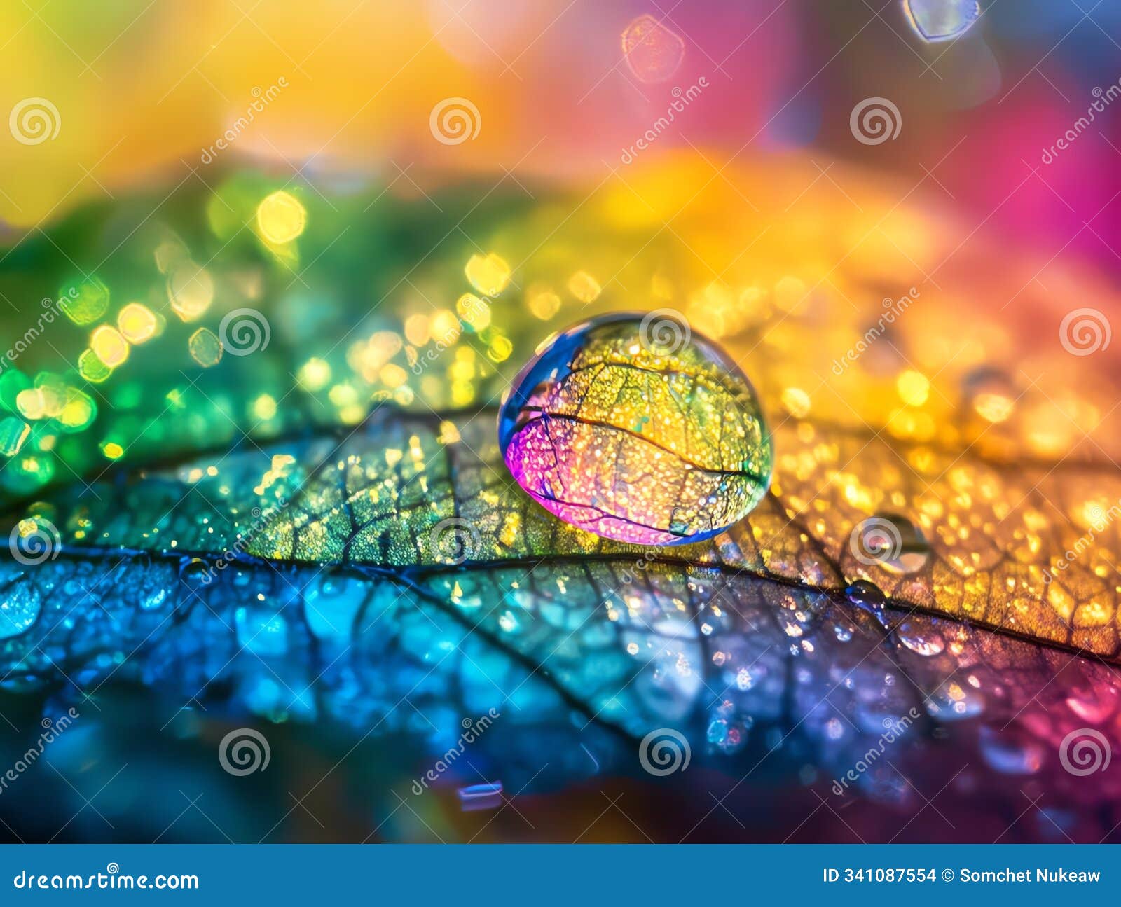 Depict a Hyperreal Photograph of a Raindrop on a Leaf, with Intricate ...