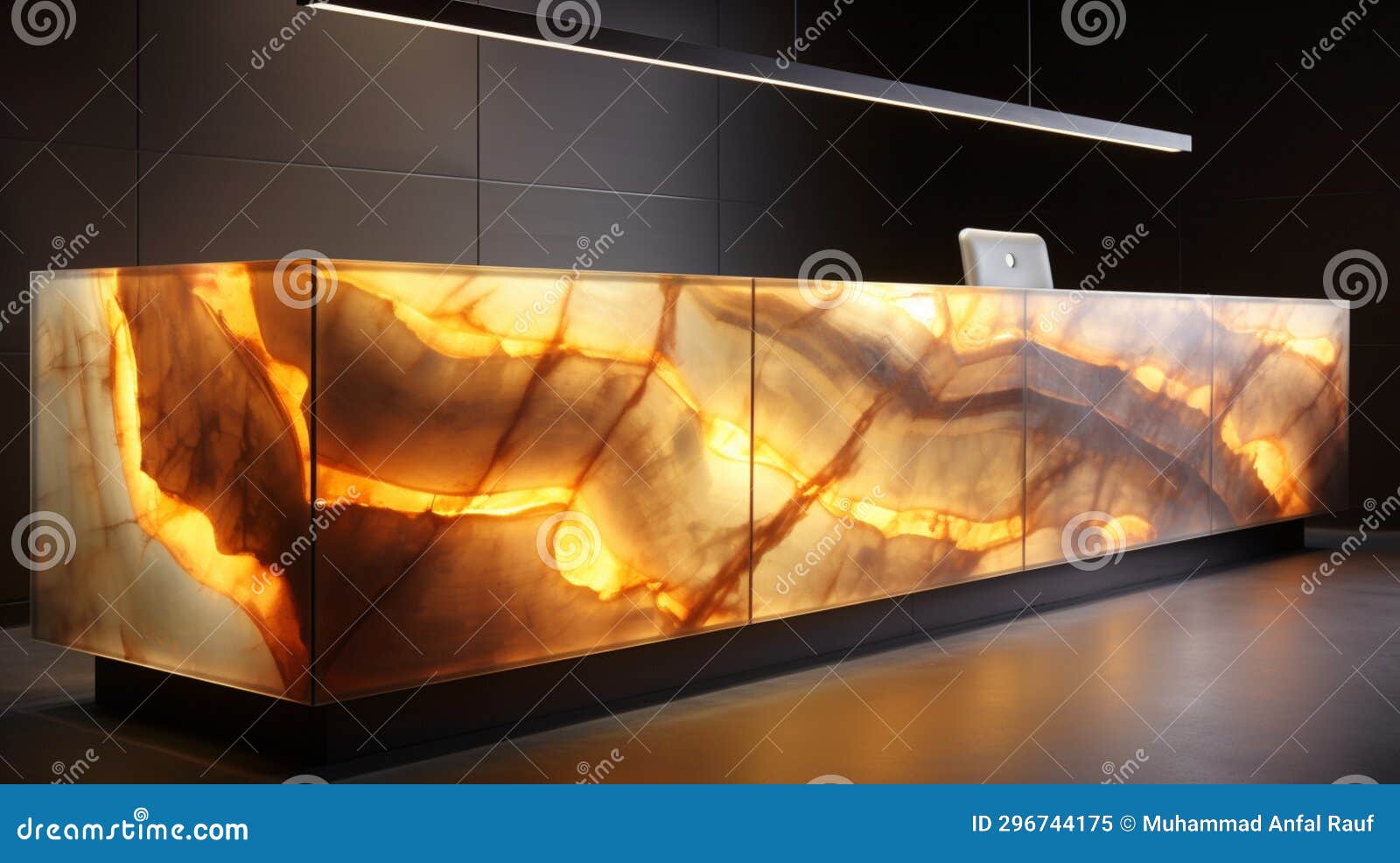 Depict a Reception Desk with a Stunning, Backlit Onyx Panel, Creating a ...