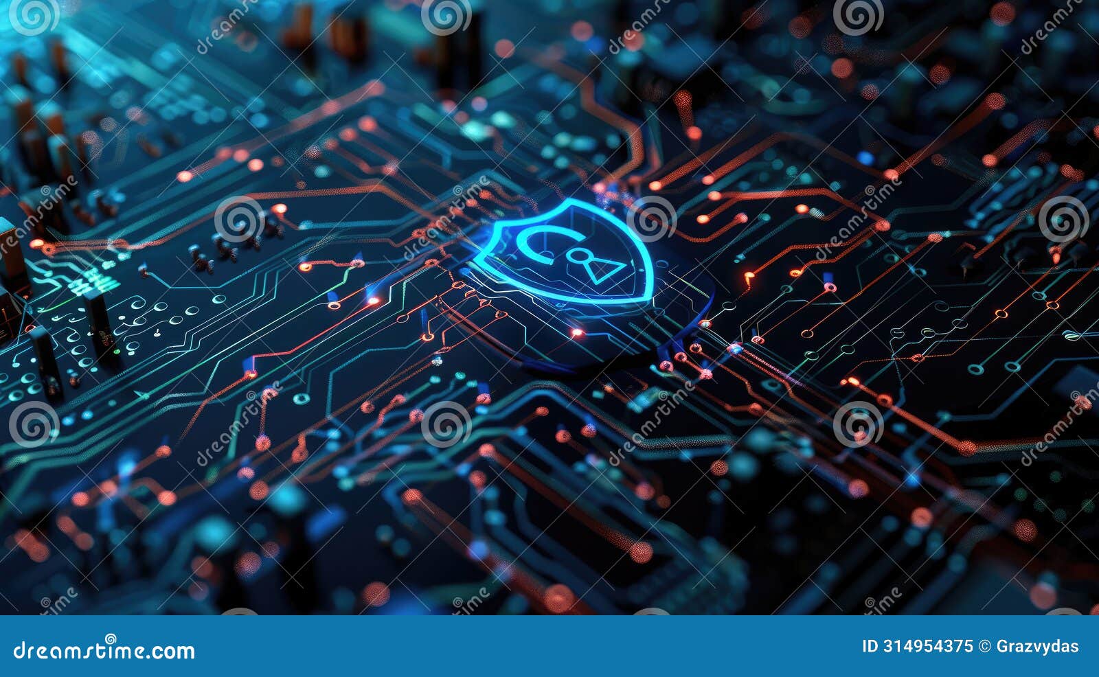 A Depiction of a Cybersecurity Shield and Lock on Computer Circuit ...