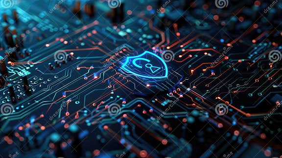 A Depiction of a Cybersecurity Shield and Lock on Computer Circuit ...