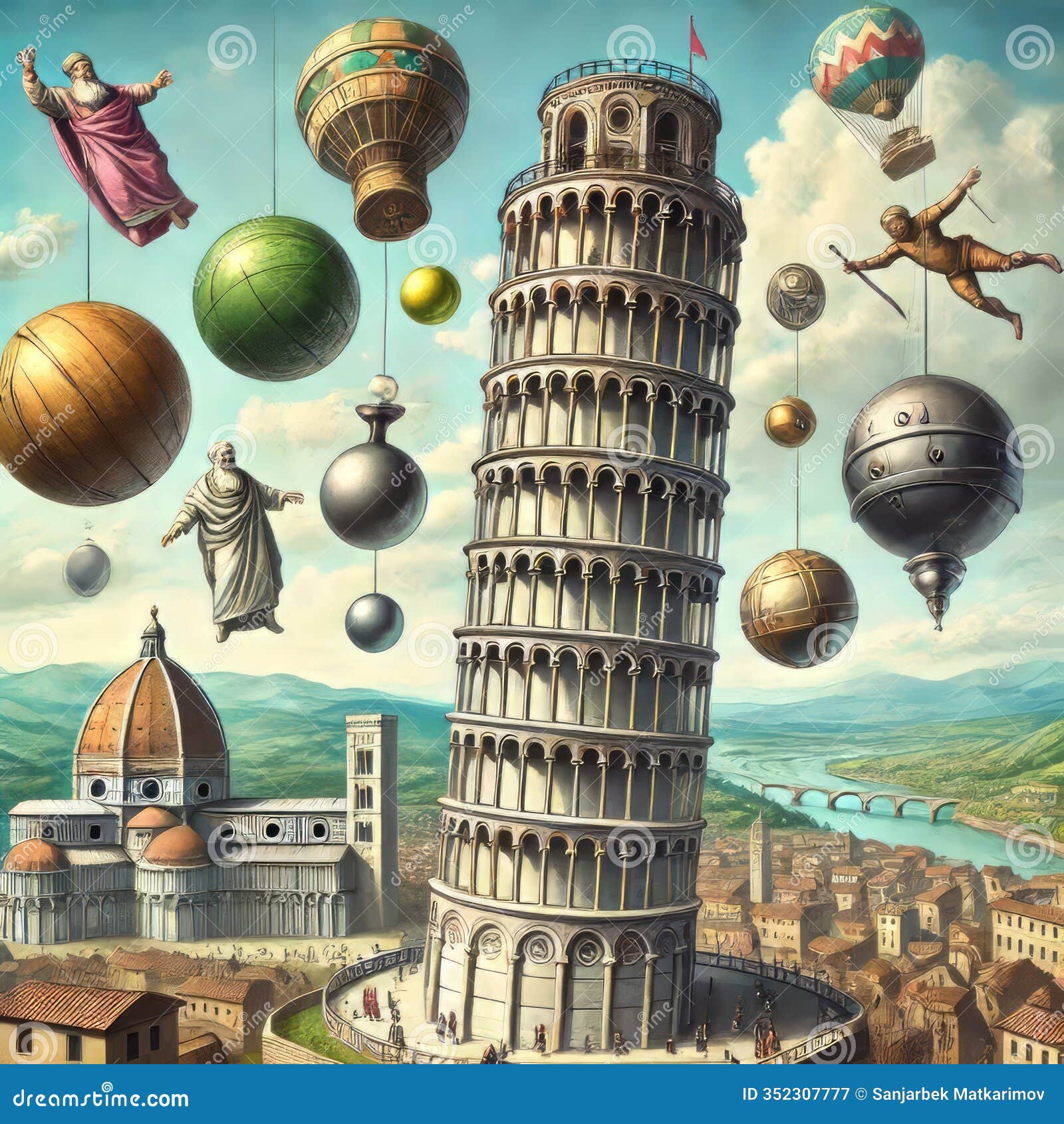 A Depiction of Galileo Dropping Objects from the Leaning Tower O Stock ...