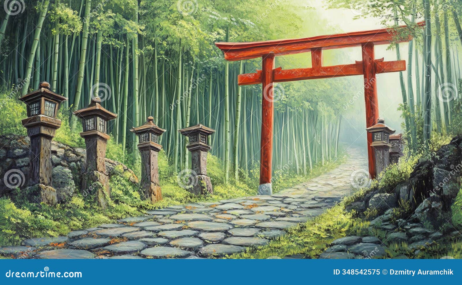 Depiction of a Red Japanese Torii Gate Amidst a Bamboo Forest. Stock ...