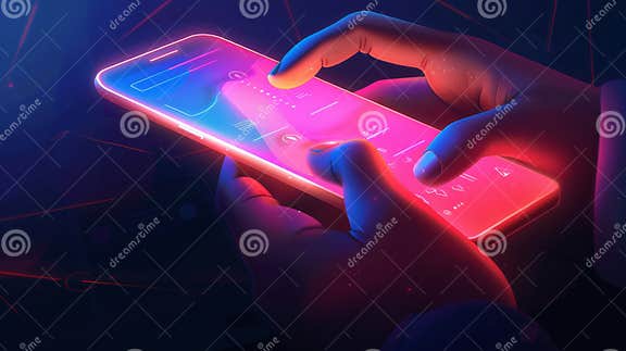 Depicts Hands Holding a Modern Smartphone with a Bright Screen ...