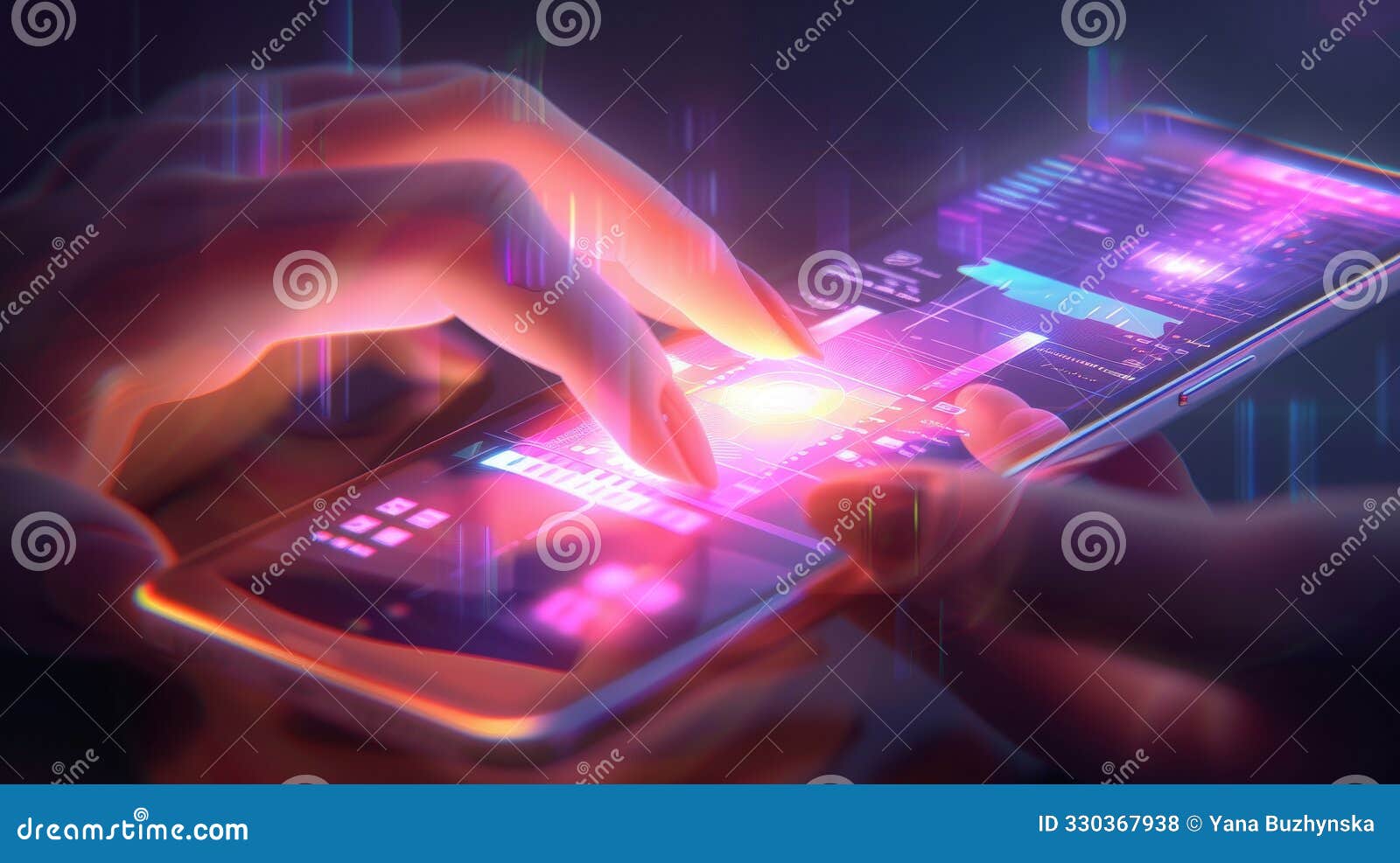 Depicts Hands Holding a Modern Smartphone with a Bright Screen ...