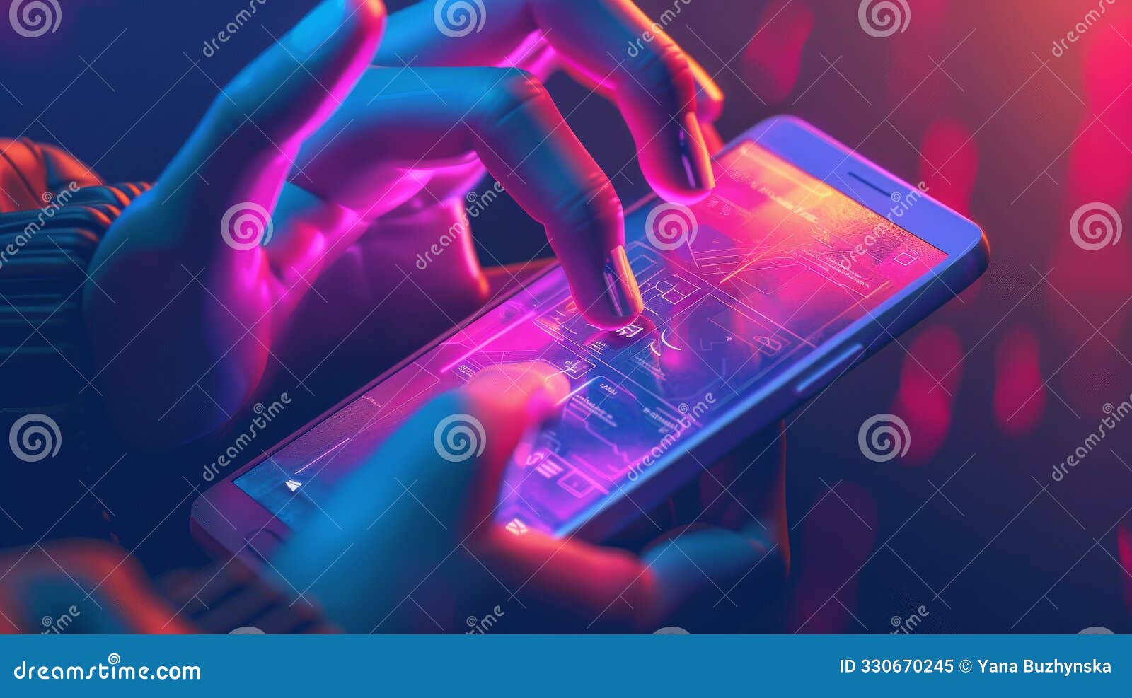Depicts Hands Holding a Modern Smartphone with a Bright Screen ...