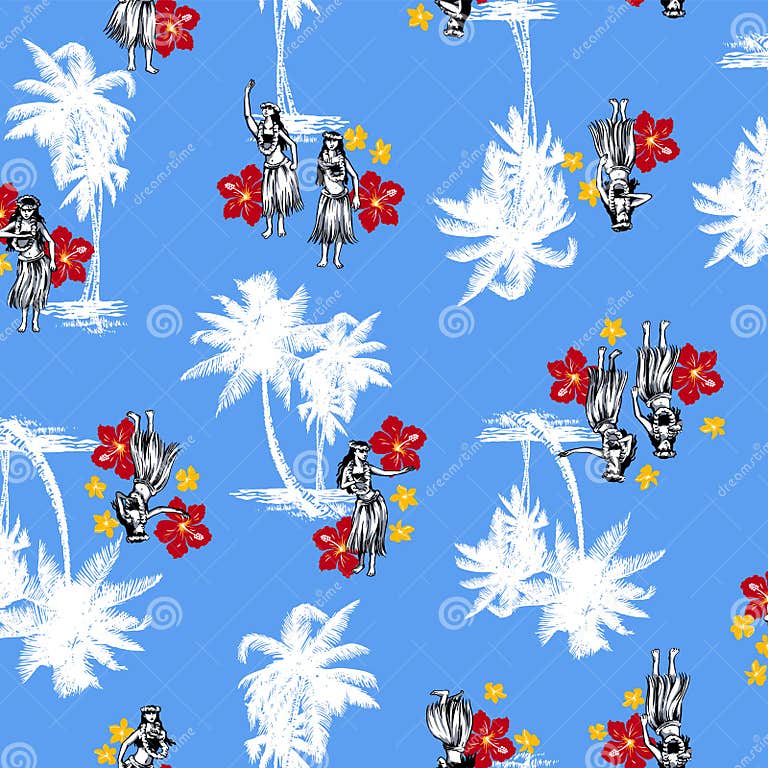 Seamless Pattern with Palm Trees and Hula Dancers, Stock Illustration ...