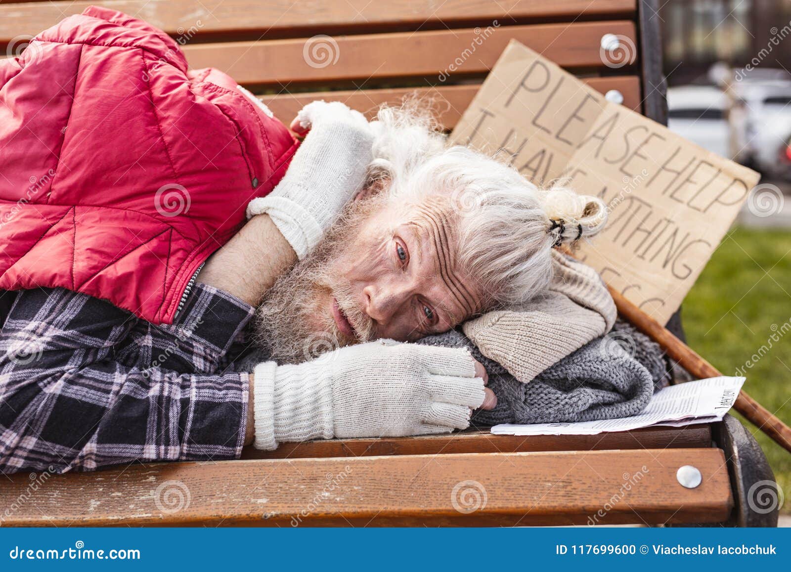 Depressed Aged Man Lying on the Bench Stock Photo - Image of homeless ...