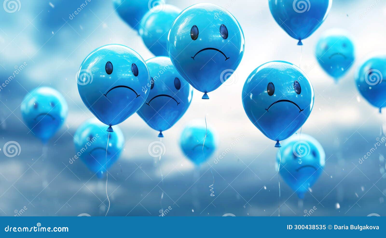 Depressed Blue Balloons Float in the Air in Rainy Sky. the Balloons are ...