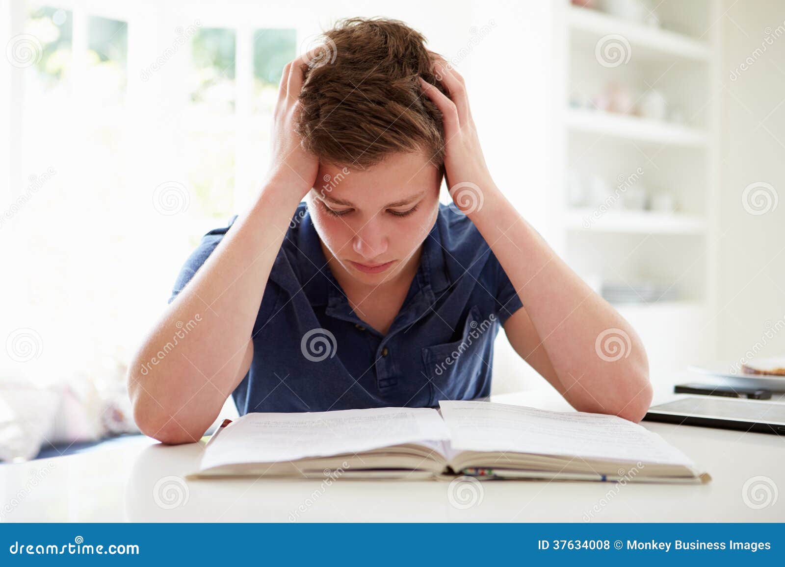 Depressed Boy Studying at Home Stock Photo - Image of worried ...