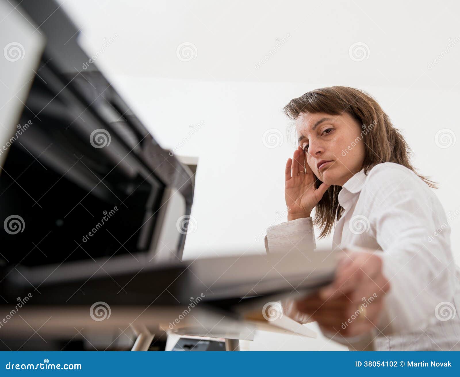 Depressed Business Person Working with Printer Stock Photo - Image of ...