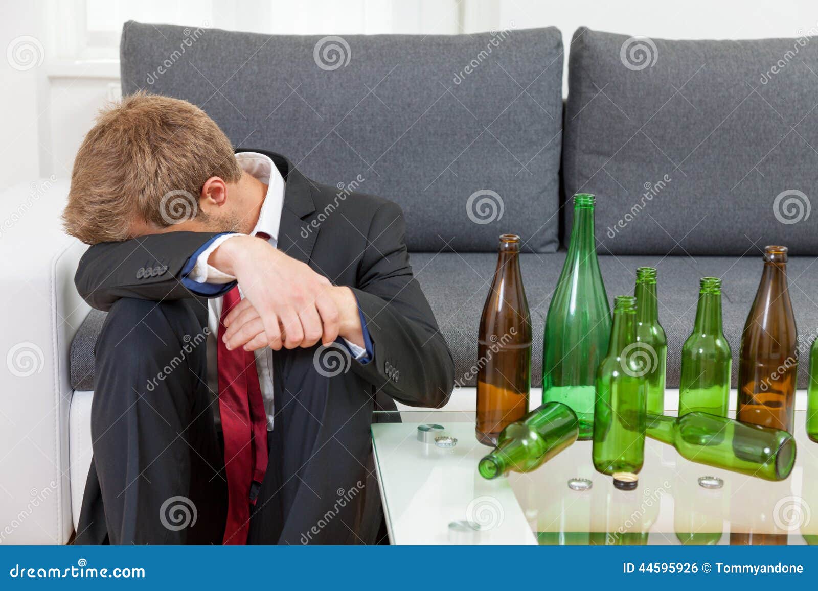 Depressed Businessman Drunk at Home Stock Photo - Image of couch ...