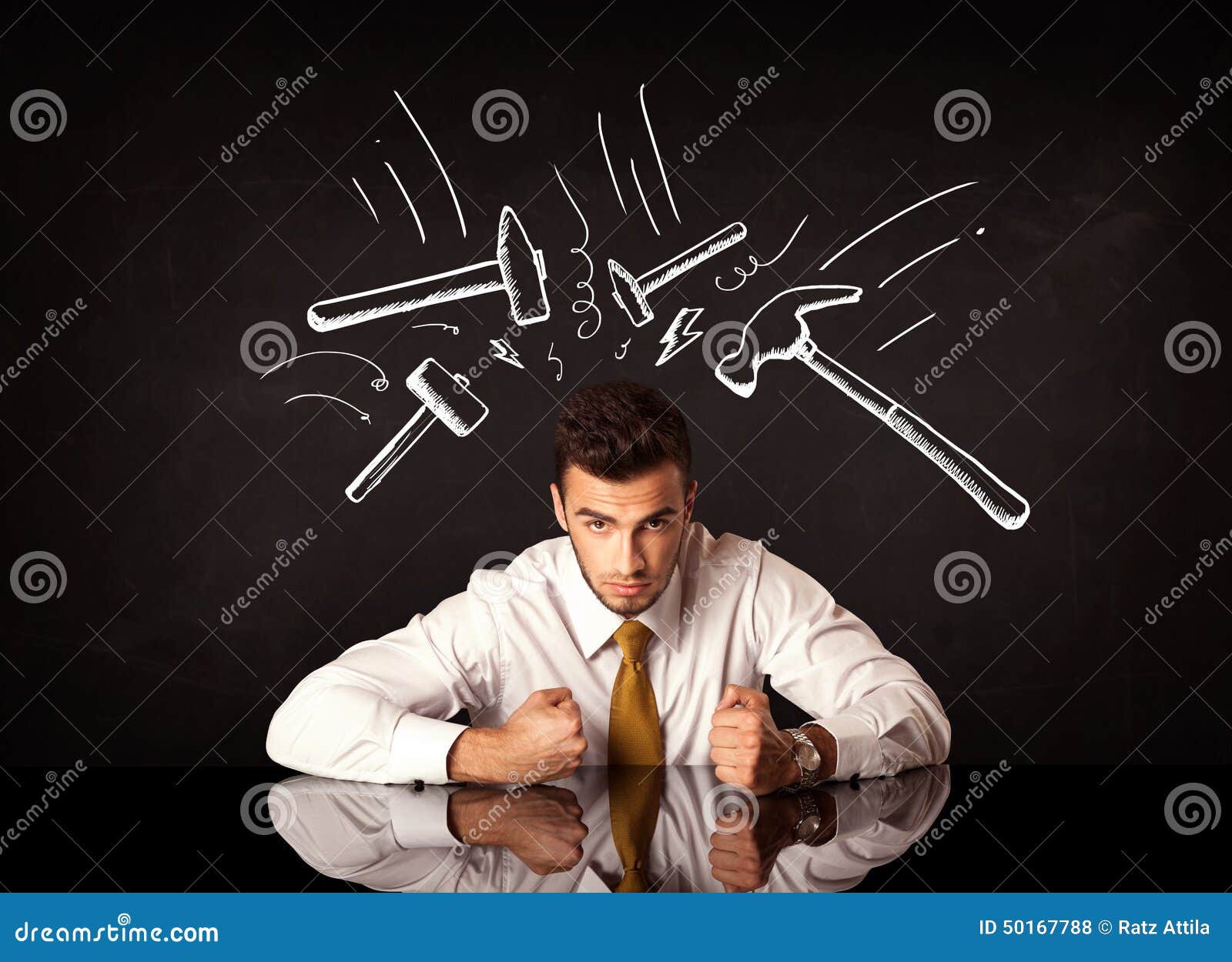 Depressed Businessman Sitting Under Hammer Marks Stock Photo - Image of ...