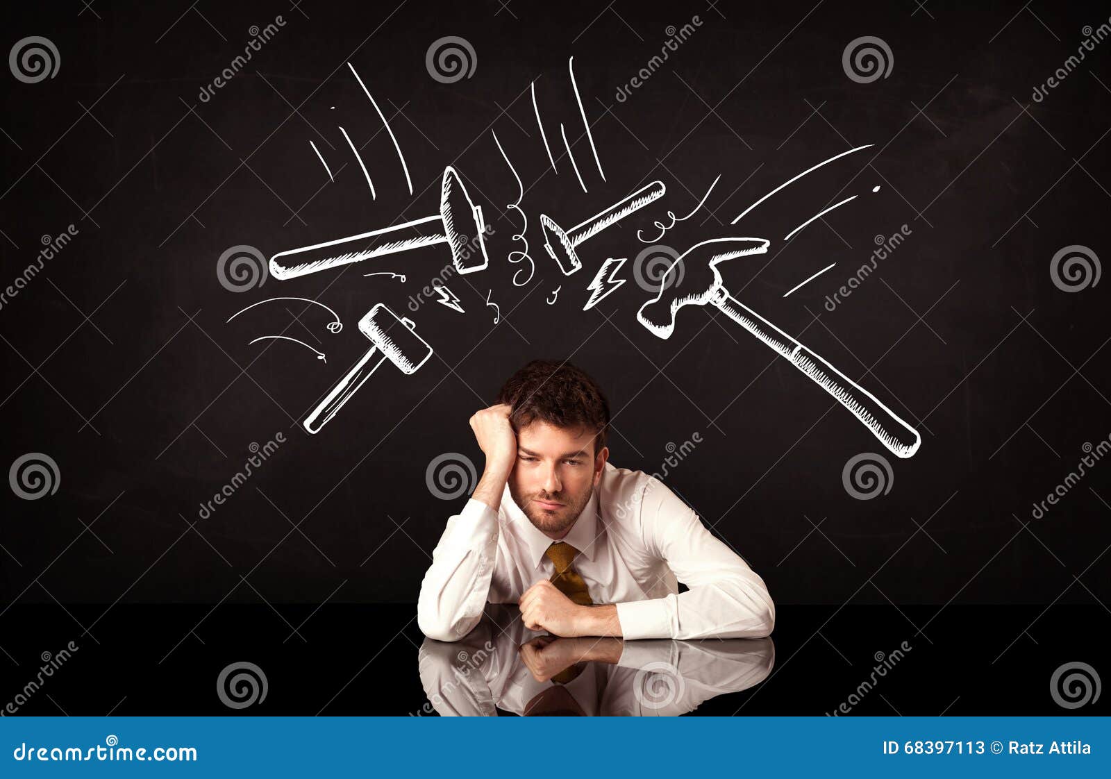 Depressed Businessman Sitting Under Hammer Marks Stock Image - Image of ...
