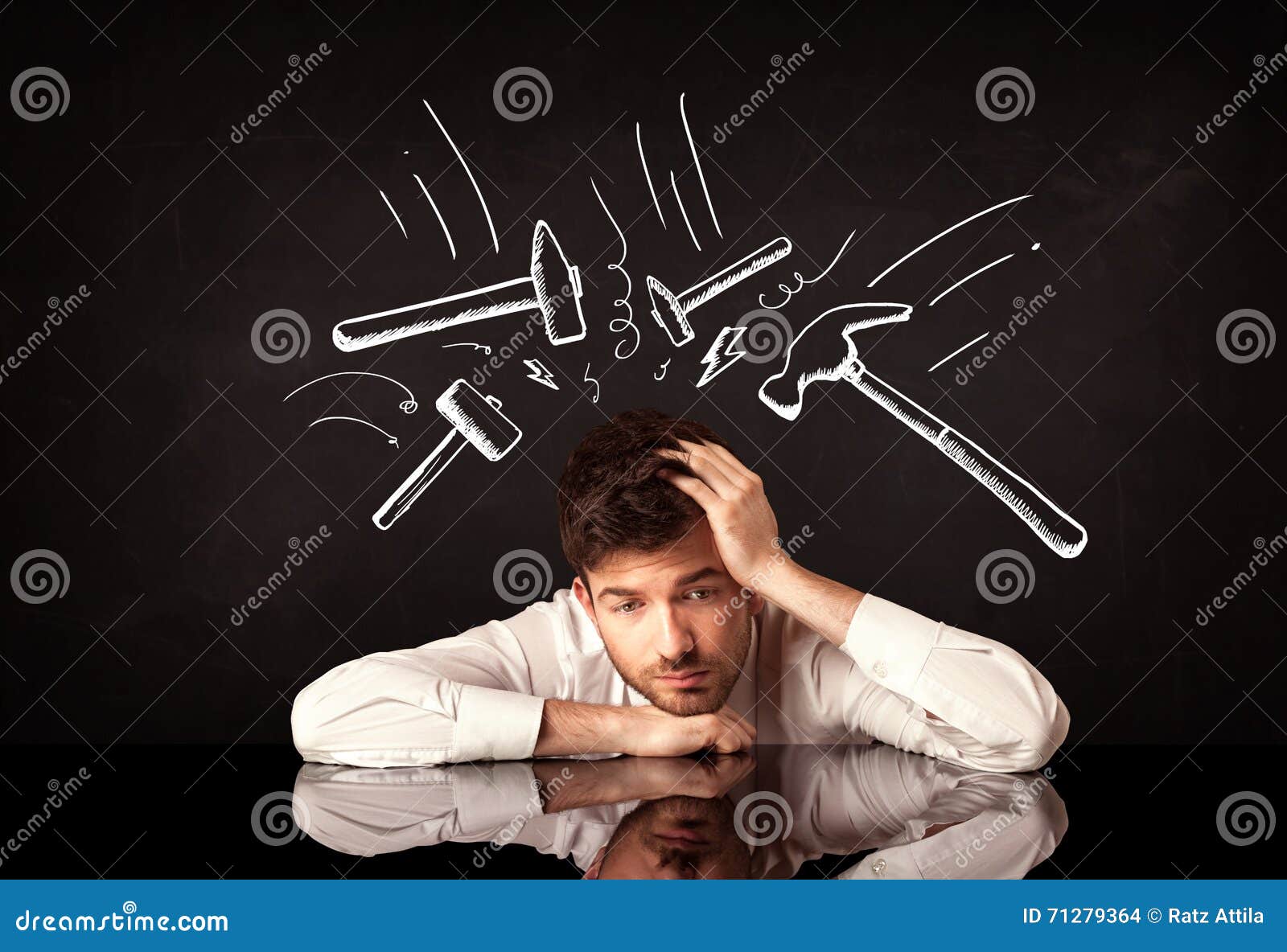 Depressed Businessman Sitting Under Hammer Marks Stock Photo - Image of ...