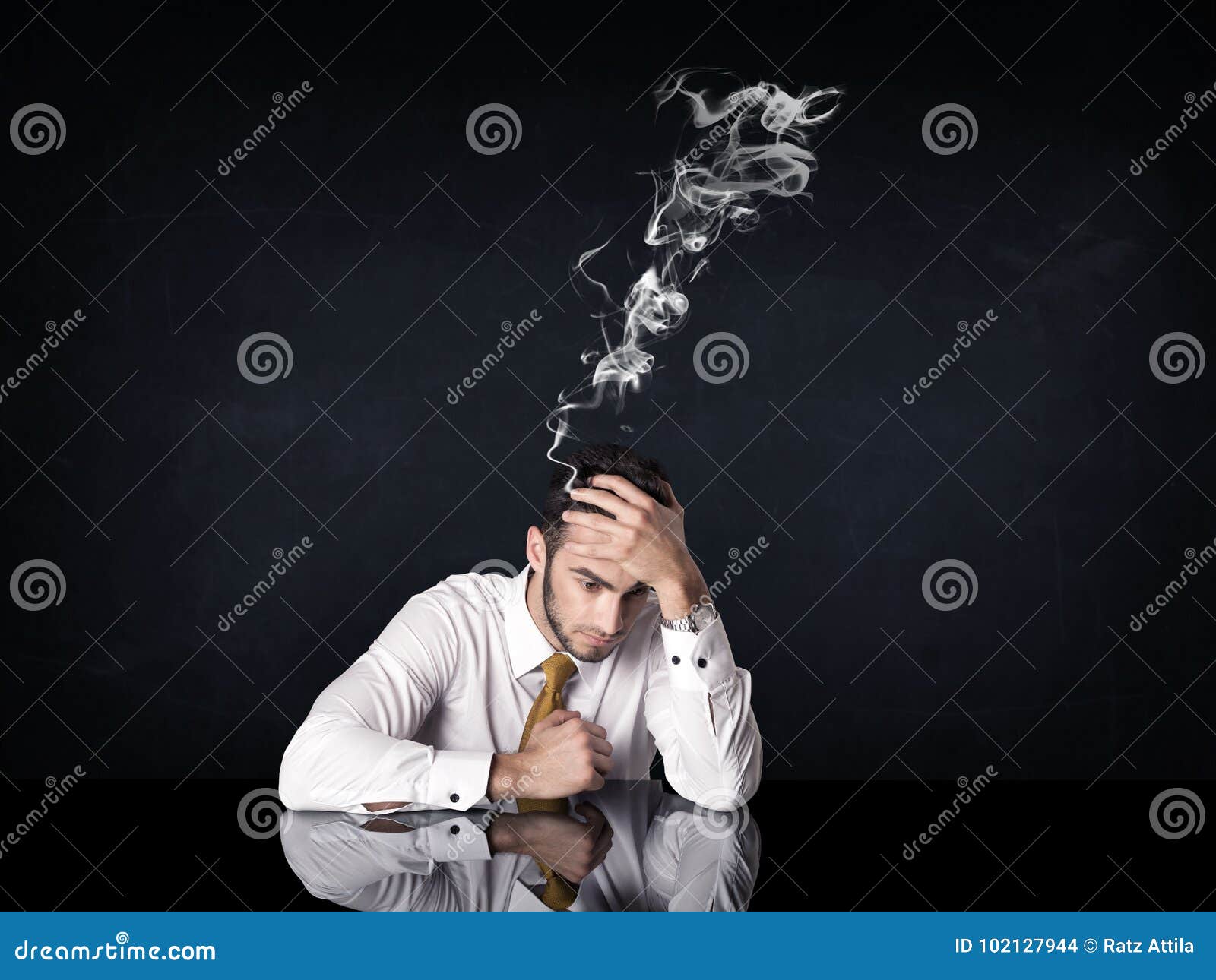 Depressed Businessman with Smoking Head Stock Photo - Image of danger ...