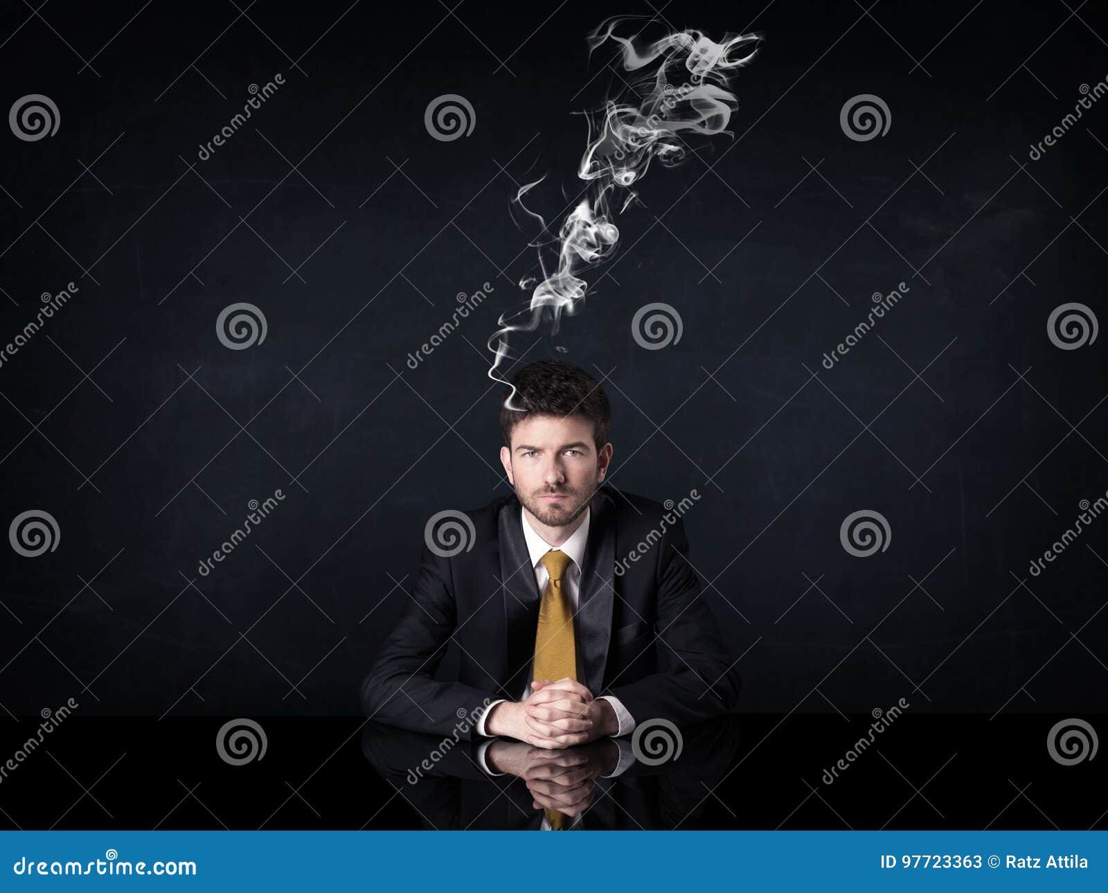 Depressed Businessman with Smoking Head Stock Image - Image of desk ...