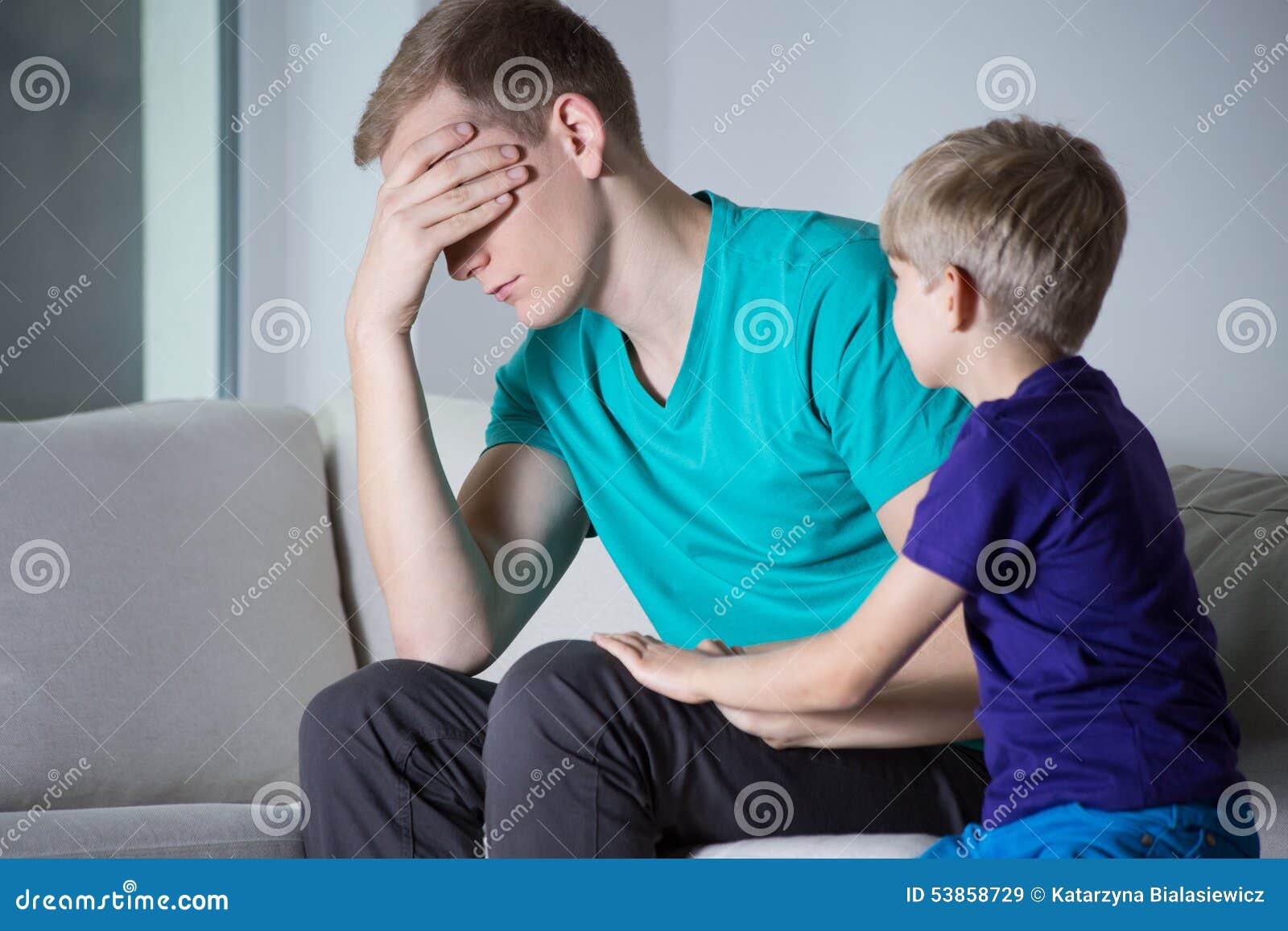 Depressed Father Sitting on Couch Stock Image - Image of family ...