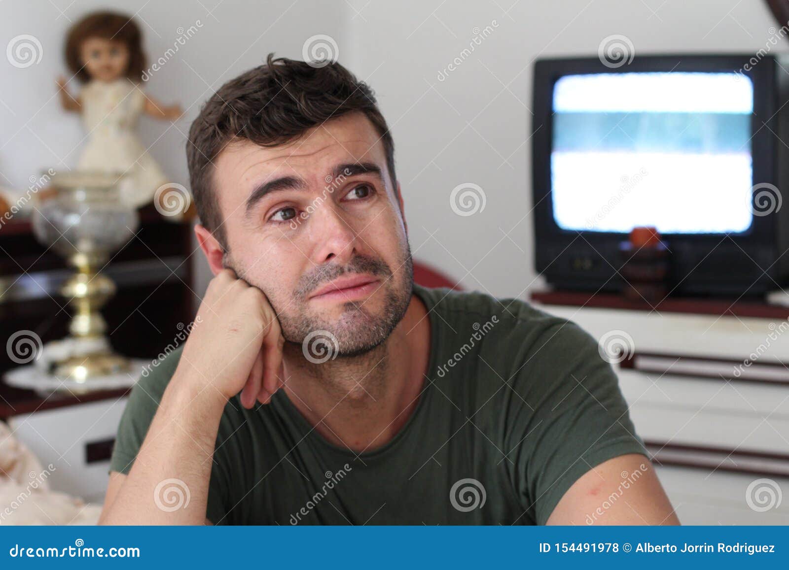Depressed Looking Man Crying at Home Stock Photo - Image of expression ...
