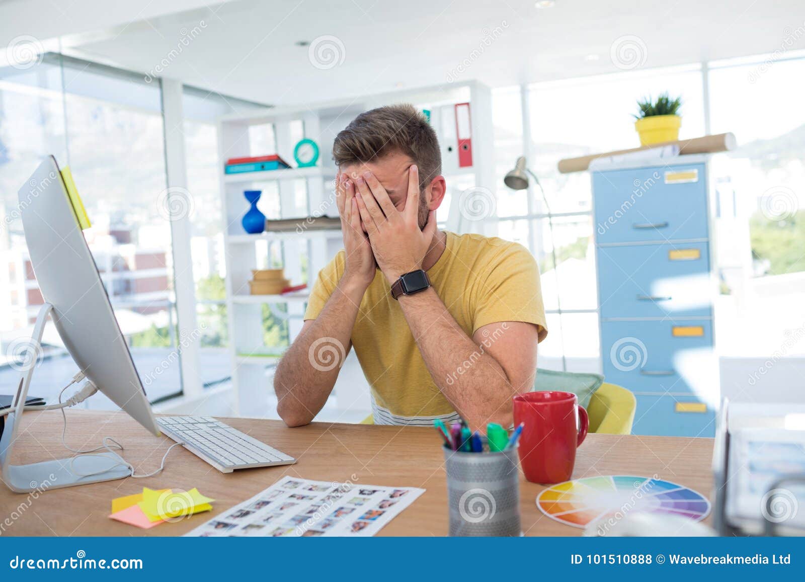 Depressed Male Executive Working on Computer Stock Photo - Image of ...