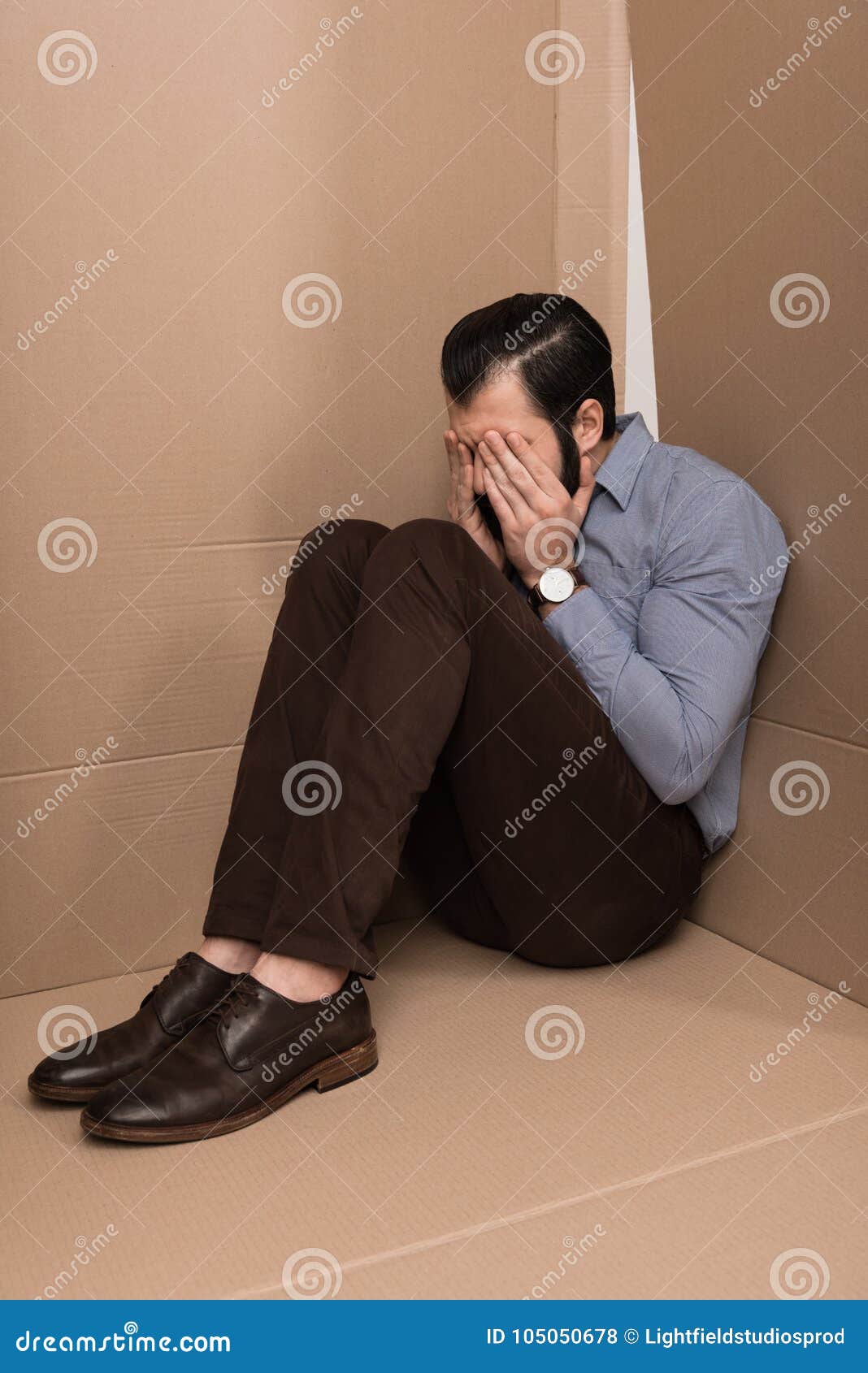 Depressed Man Crying in Box Stock Photo - Image of emotions, bearded ...