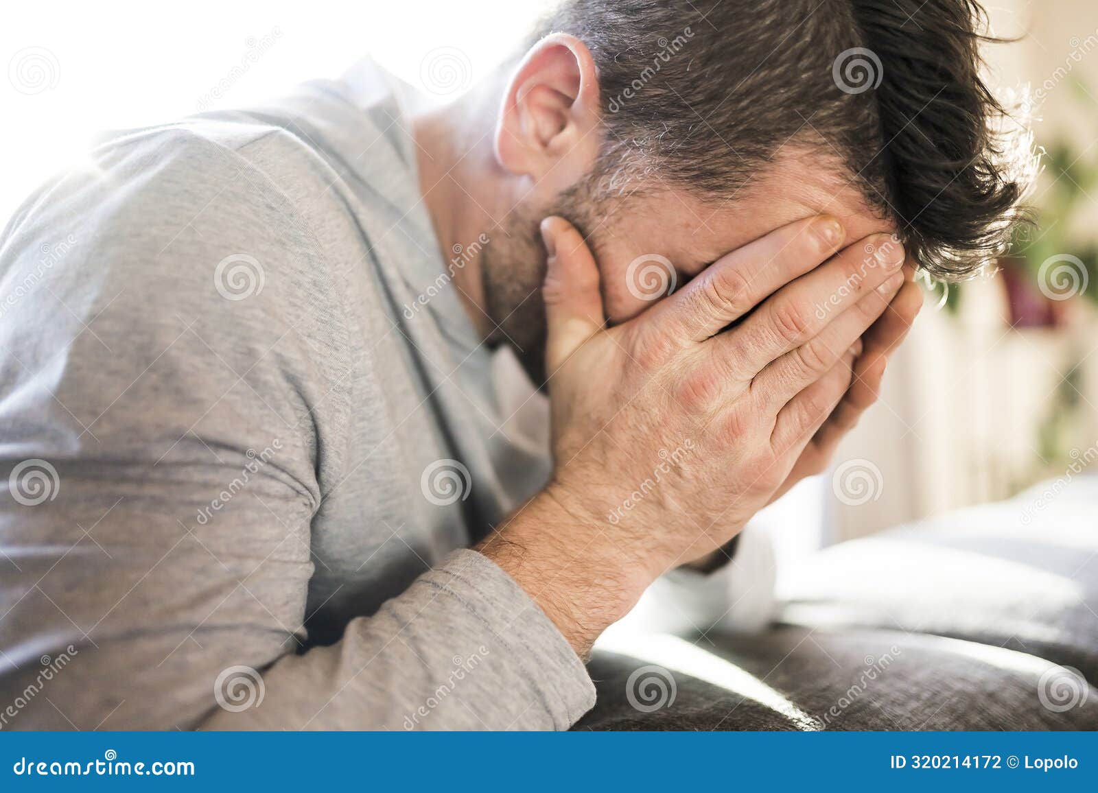 Depressed Man at Home on Couch Look Sad Stock Photo - Image of lonely ...