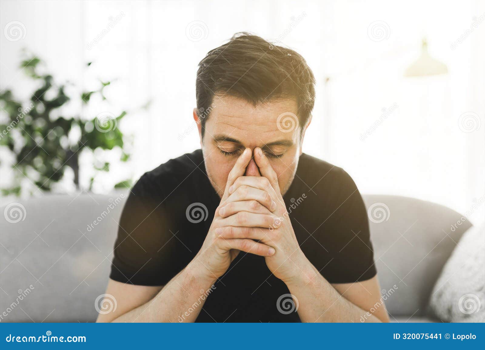 Depressed Man Thinking at Home on Couch Stock Image - Image of anxiety ...